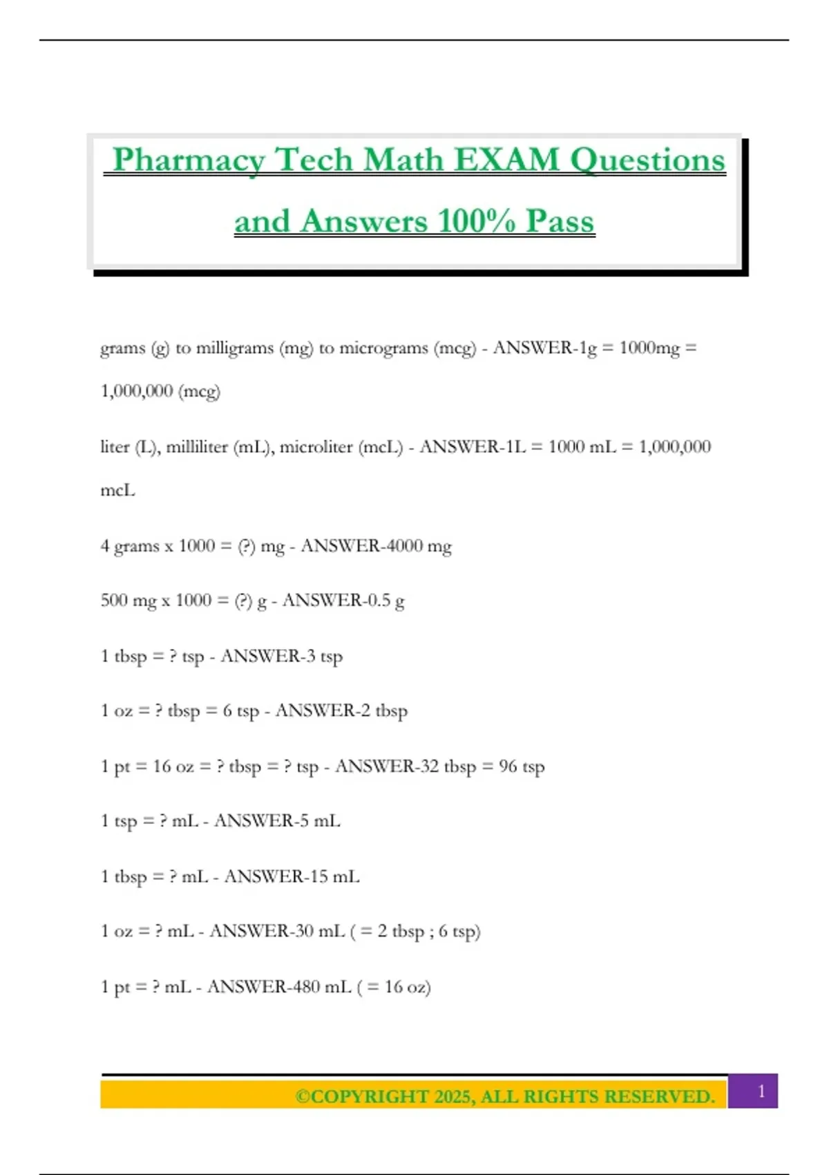 Pharmacy Tech Math EXAM Questions and Answers 100% Pass - Pharmacy Tech ...