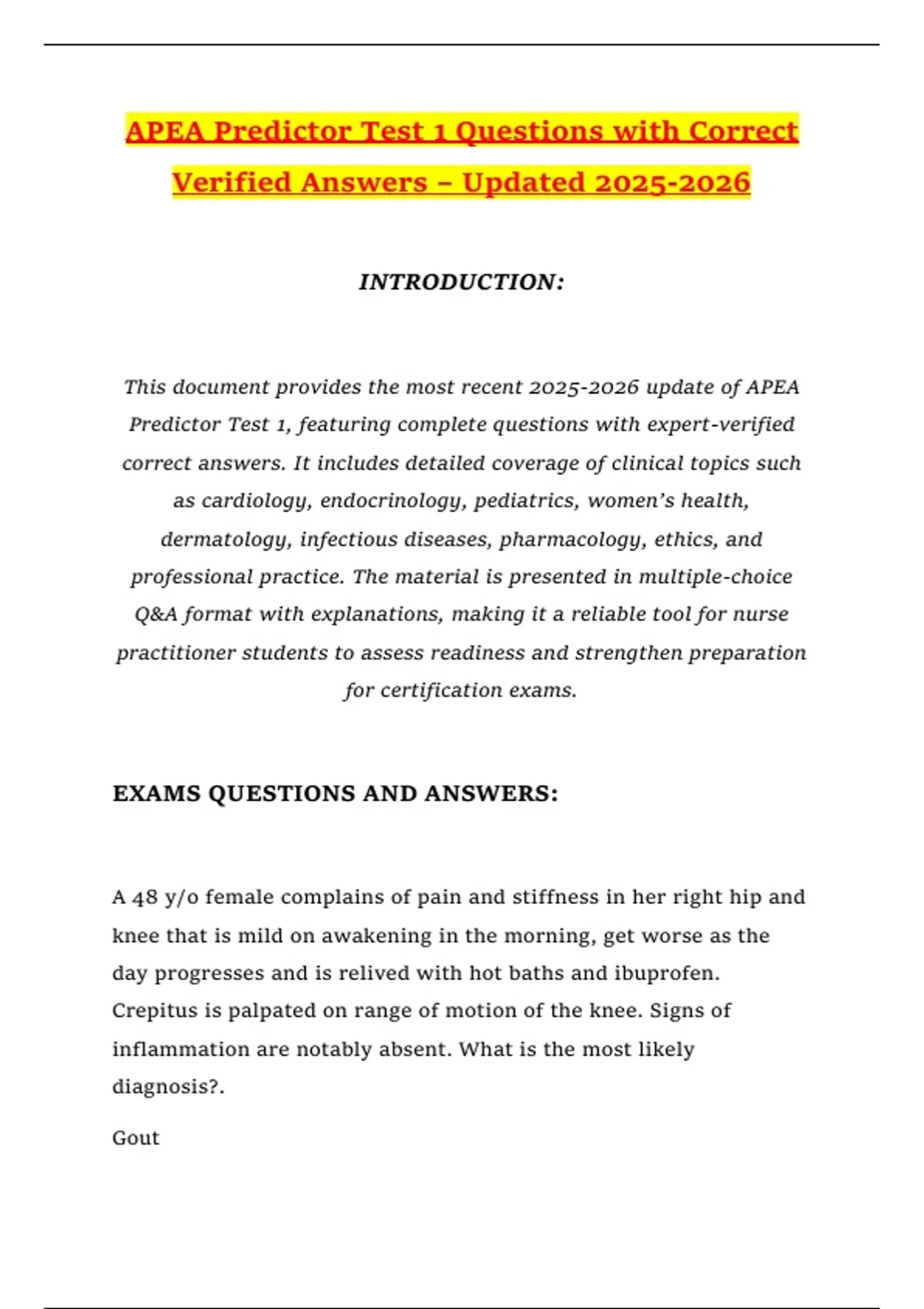 APEA Predictor Test 1 Questions with Correct Verified Answers – Updated ...