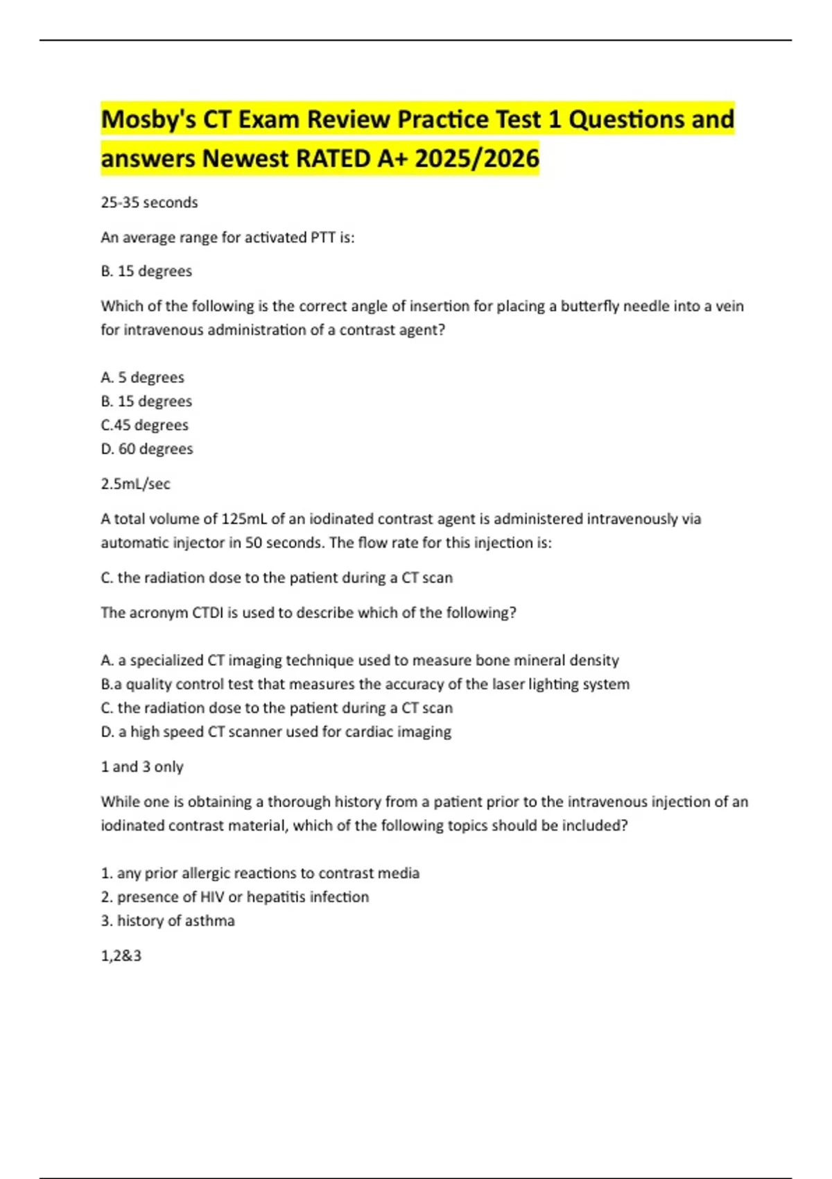 Mosby's CT Exam Review Practice Test 1 Questions and answers Newest ...
