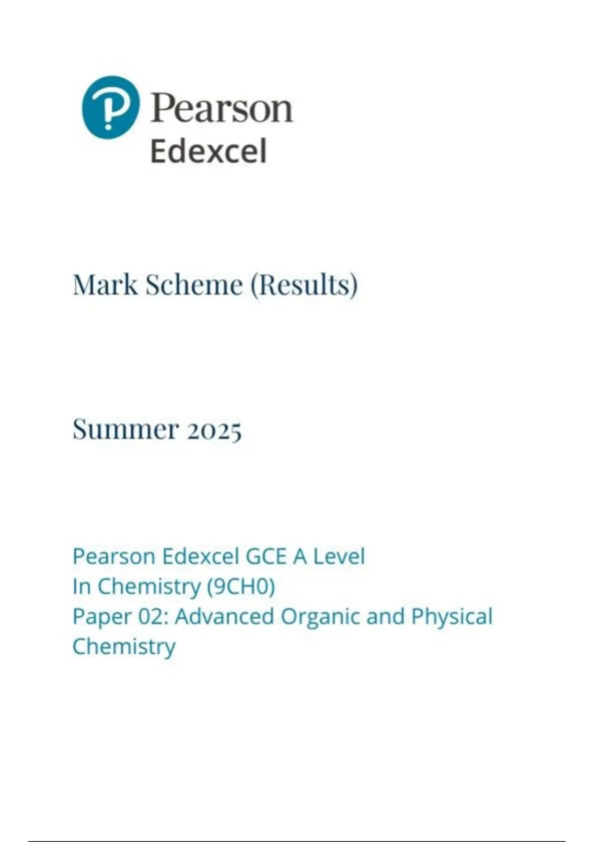 Pearson Edexcel GCE A Level In Chemistry (9CHO) Paper 02: Advanced ...