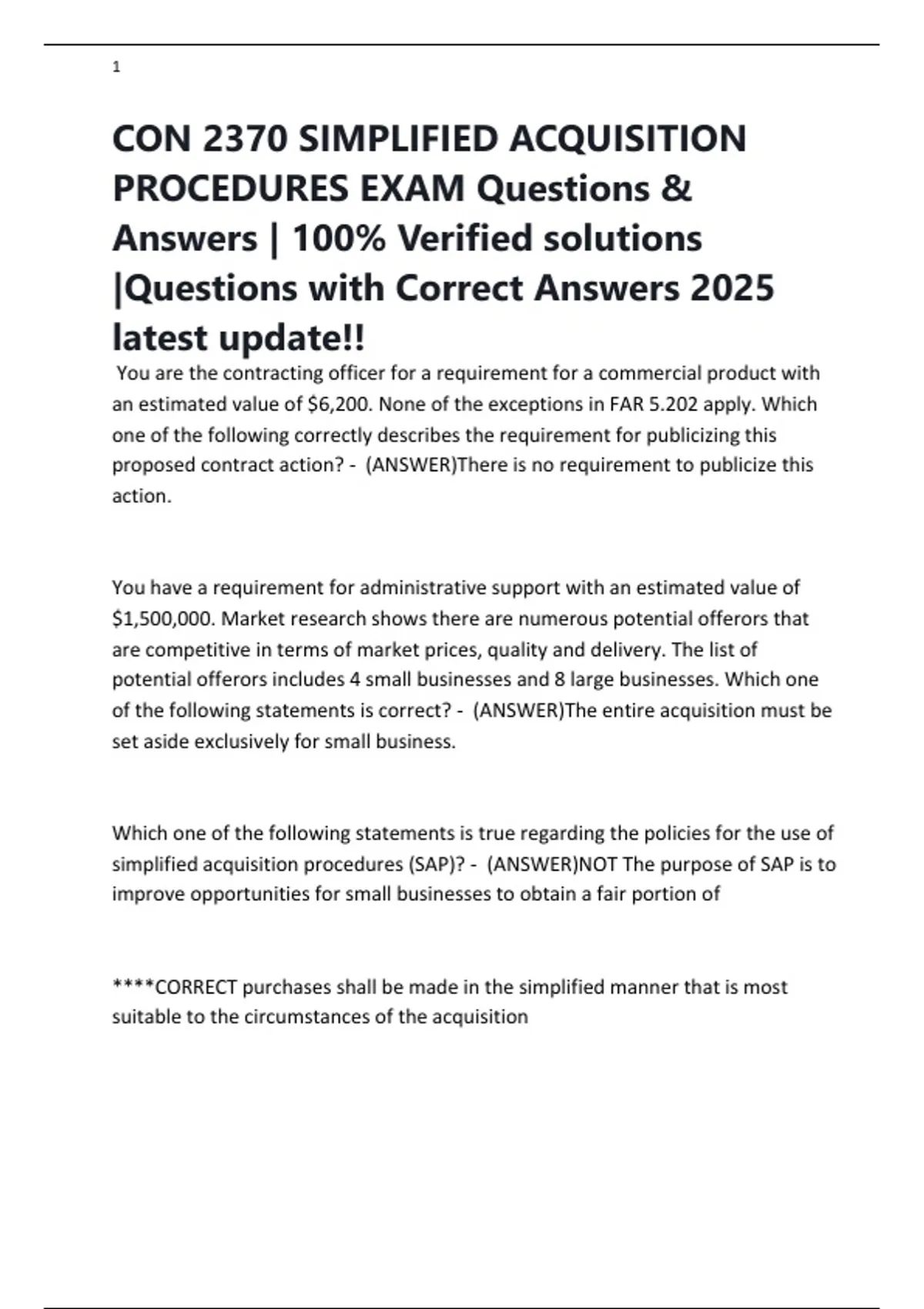 CON 2370 SIMPLIFIED ACQUISITION PROCEDURES EXAM Questions & Answers ...