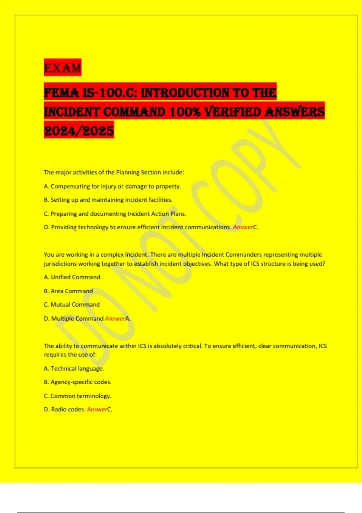 FEMA IS-100.C: Introduction to the Incident Command 100% VERIFIED ...