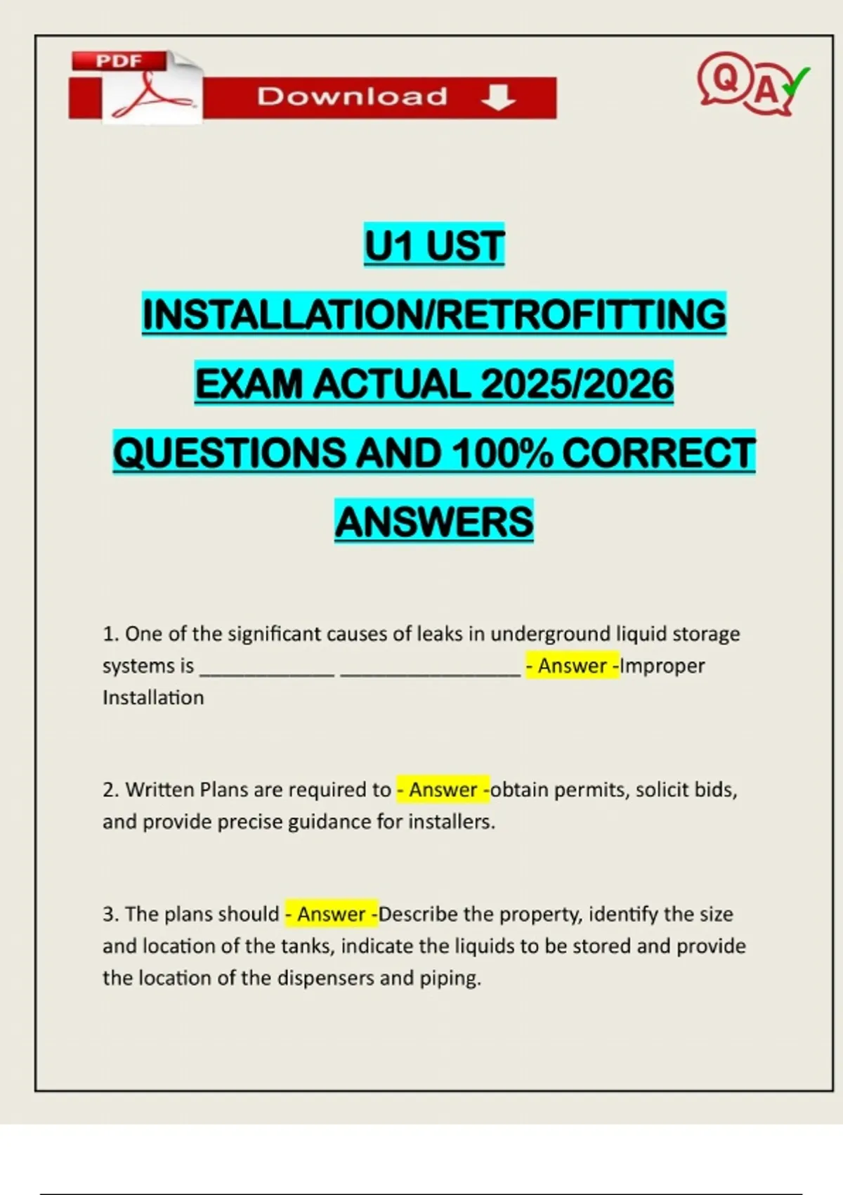 U1 UST INSTALLATION/RETROFITTING EXAM ACTUAL 2025/2026 QUESTIONS AND ...