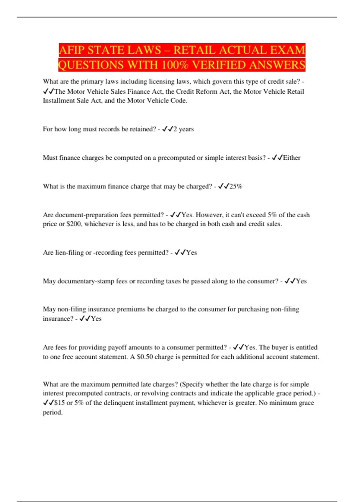 AFIP STATE LAWS – RETAIL ACTUAL EXAM QUESTIONS WITH 100% VERIFIED ...