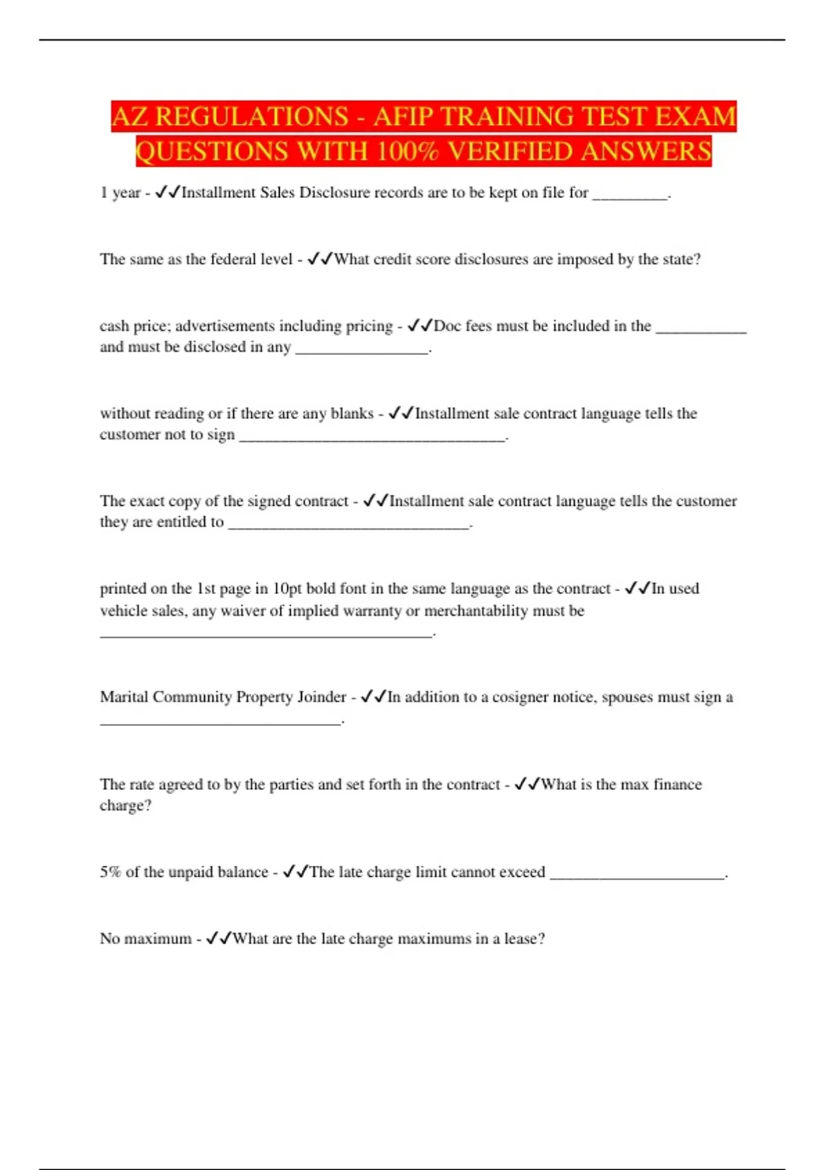 AZ REGULATIONS - AFIP TRAINING TEST EXAM QUESTIONS WITH 100% VERIFIED ...