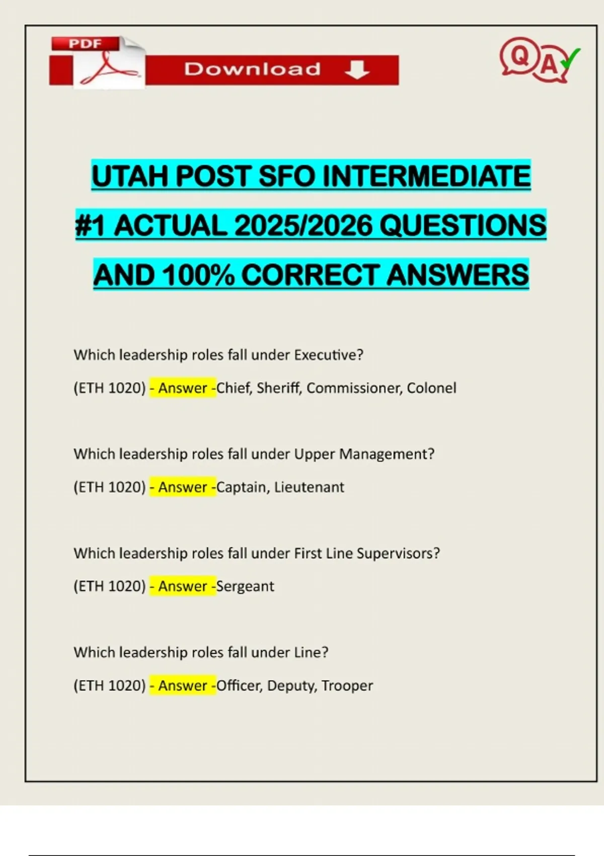 UTAH POST SFO INTERMEDIATE #1 ACTUAL 2025/2026 QUESTIONS AND 100% ...