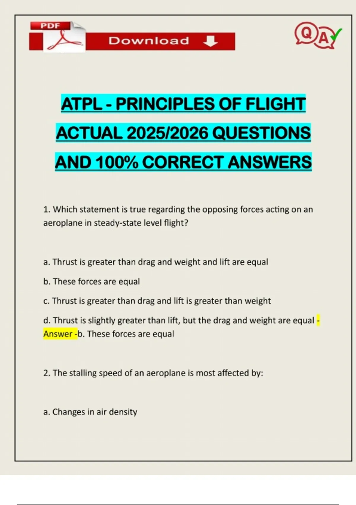 ATPL - PRINCIPLES OF FLIGHT ACTUAL 2025/2026 QUESTIONS AND 100% CORRECT ...