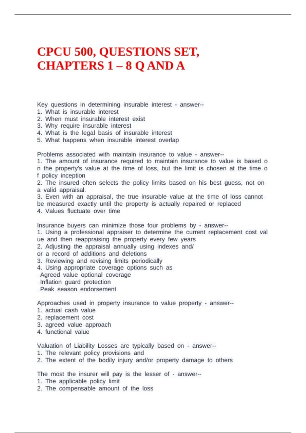 CPCU 500, QUESTIONS SET, CHAPTERS 1 – 8 Q AND A - CPCU 500 - Stuvia US