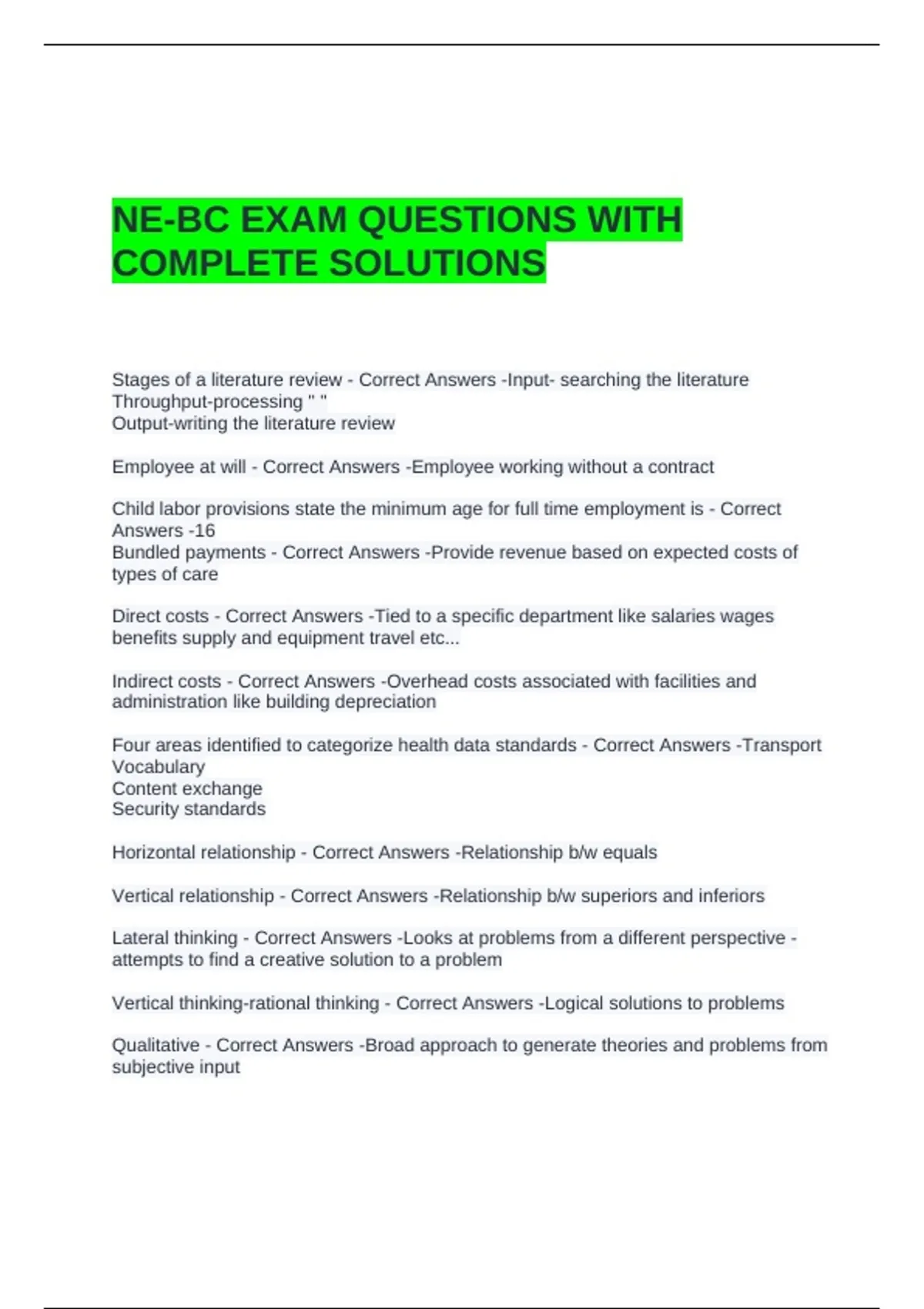 NE-BC EXAM QUESTIONS WITH COMPLETE SOLUTIONS - NE-BC - Stuvia US