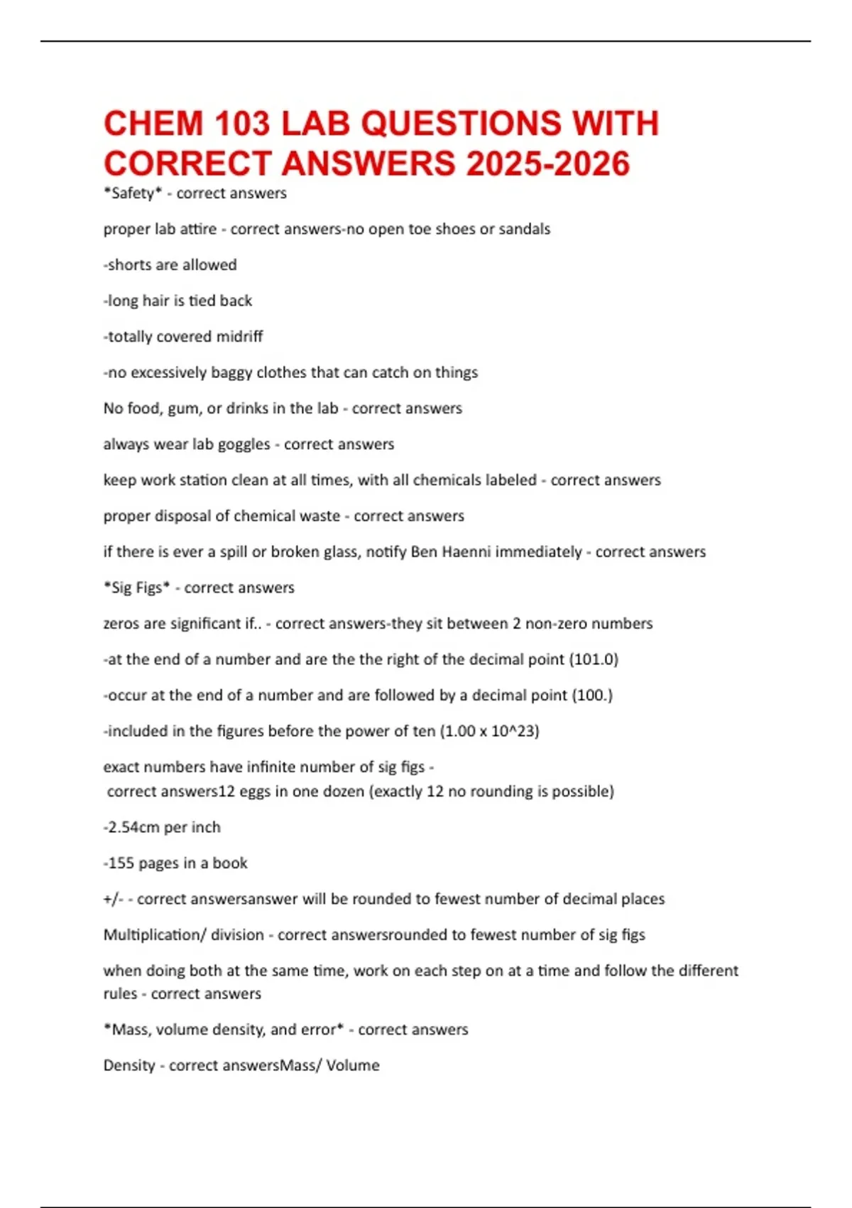 CHEM 103 LAB QUESTIONS WITH CORRECT ANSWERS - CHEM 103 - Stuvia US