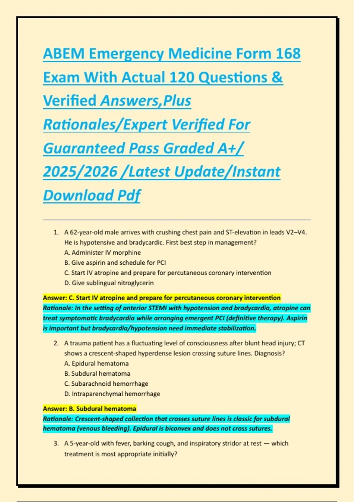 ABEM Emergency Medicine Form 168 Exam With Actual 120 Questions ...