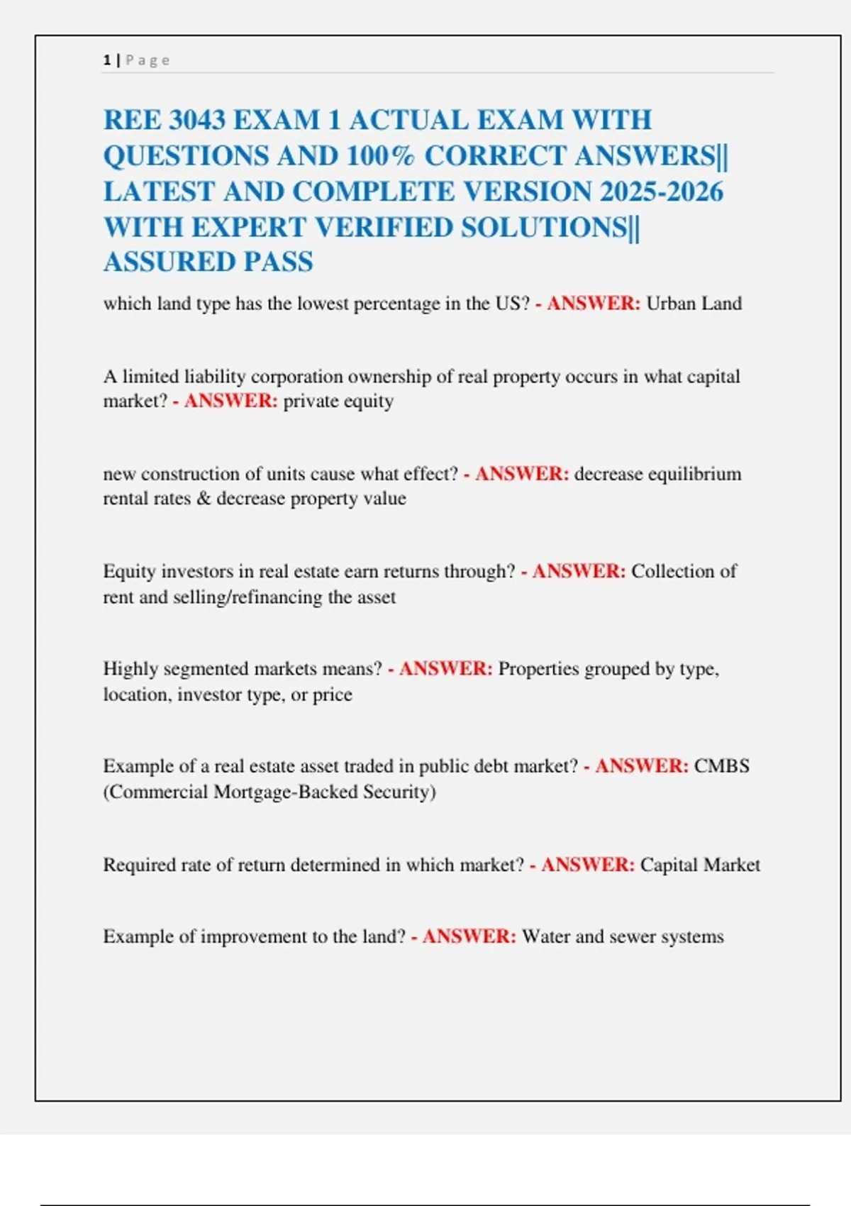 REE 3043 EXAM 1 ACTUAL EXAM WITH QUESTIONS AND 100% CORRECT ANSWERS ...