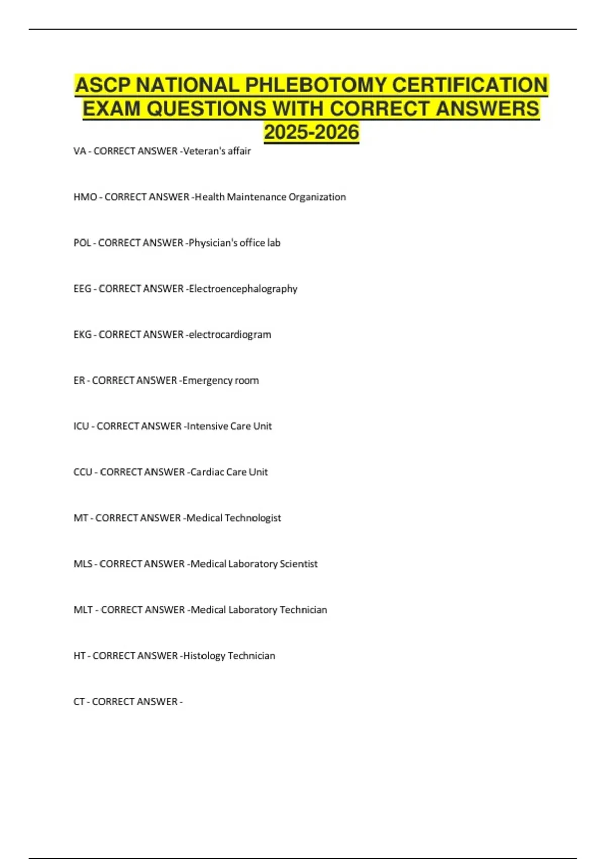 ASCP NATIONAL PHLEBOTOMY CERTIFICATION EXAM QUESTIONS WITH CORRECT ...