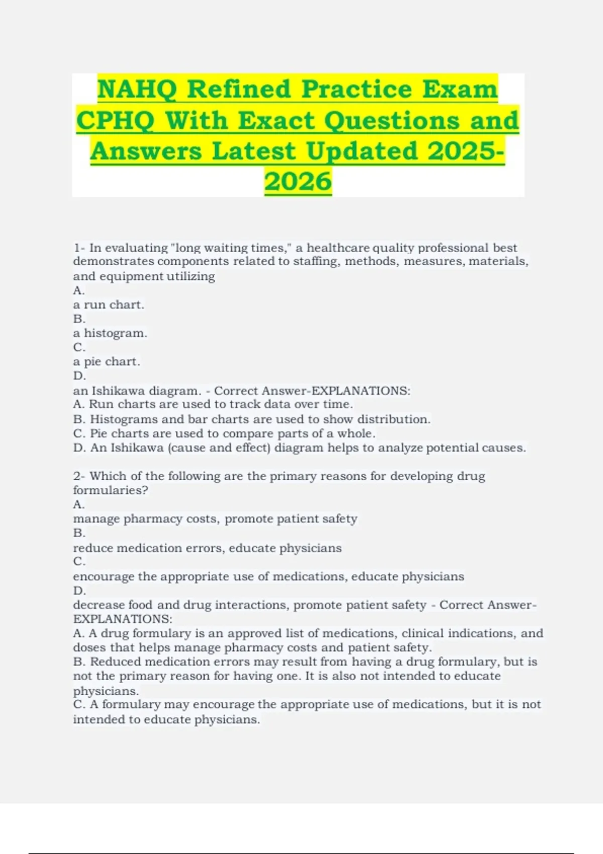 NAHQ Refined Practice Exam CPHQ with Exact Questions and Answers ...