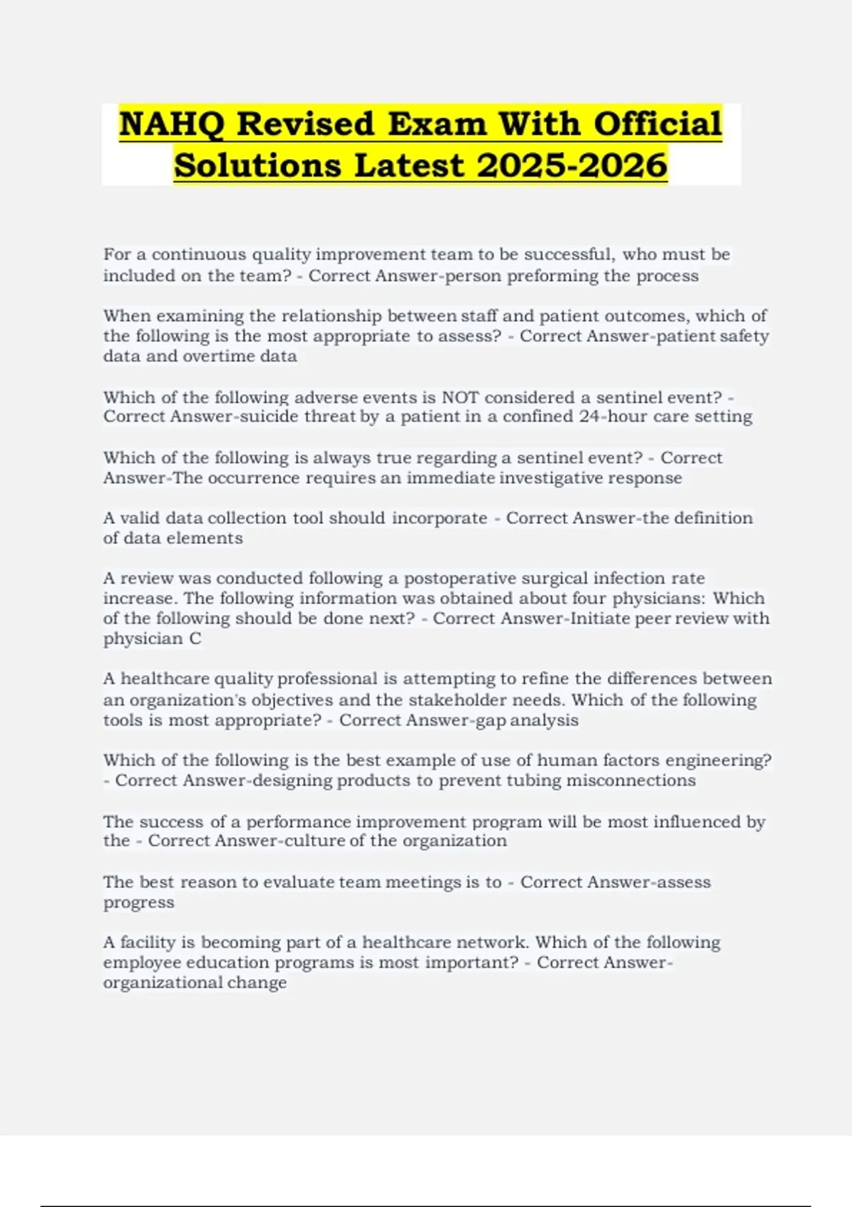 NAHQ Revised Exam with Official Solutions (Latest ) - NAHQ Revised Ex ...
