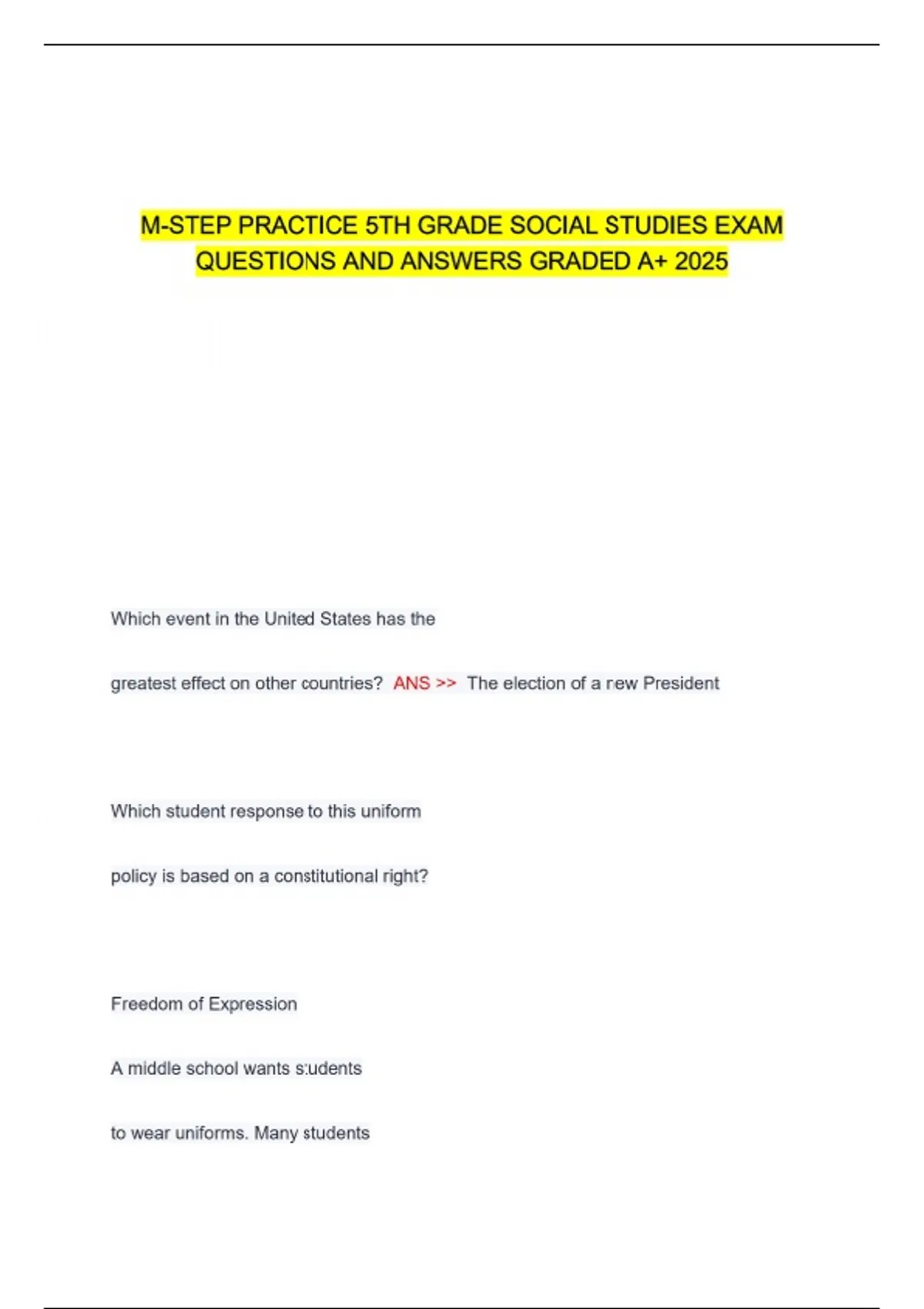 M-STEP Practice 5th Grade Social Studies Exam – Questions and Answers ...
