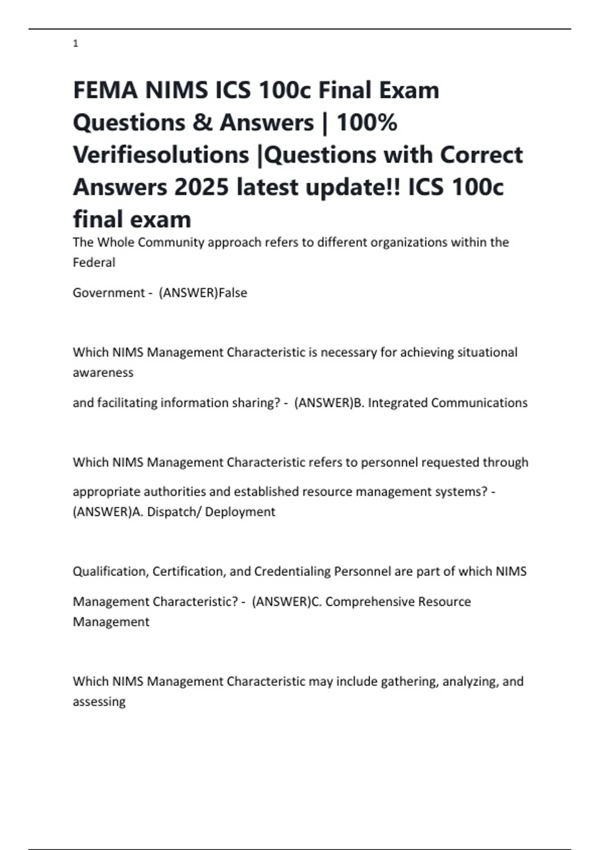 FEMA NIMS ICS 100c Final Exam Questions & Answers | 100% ...