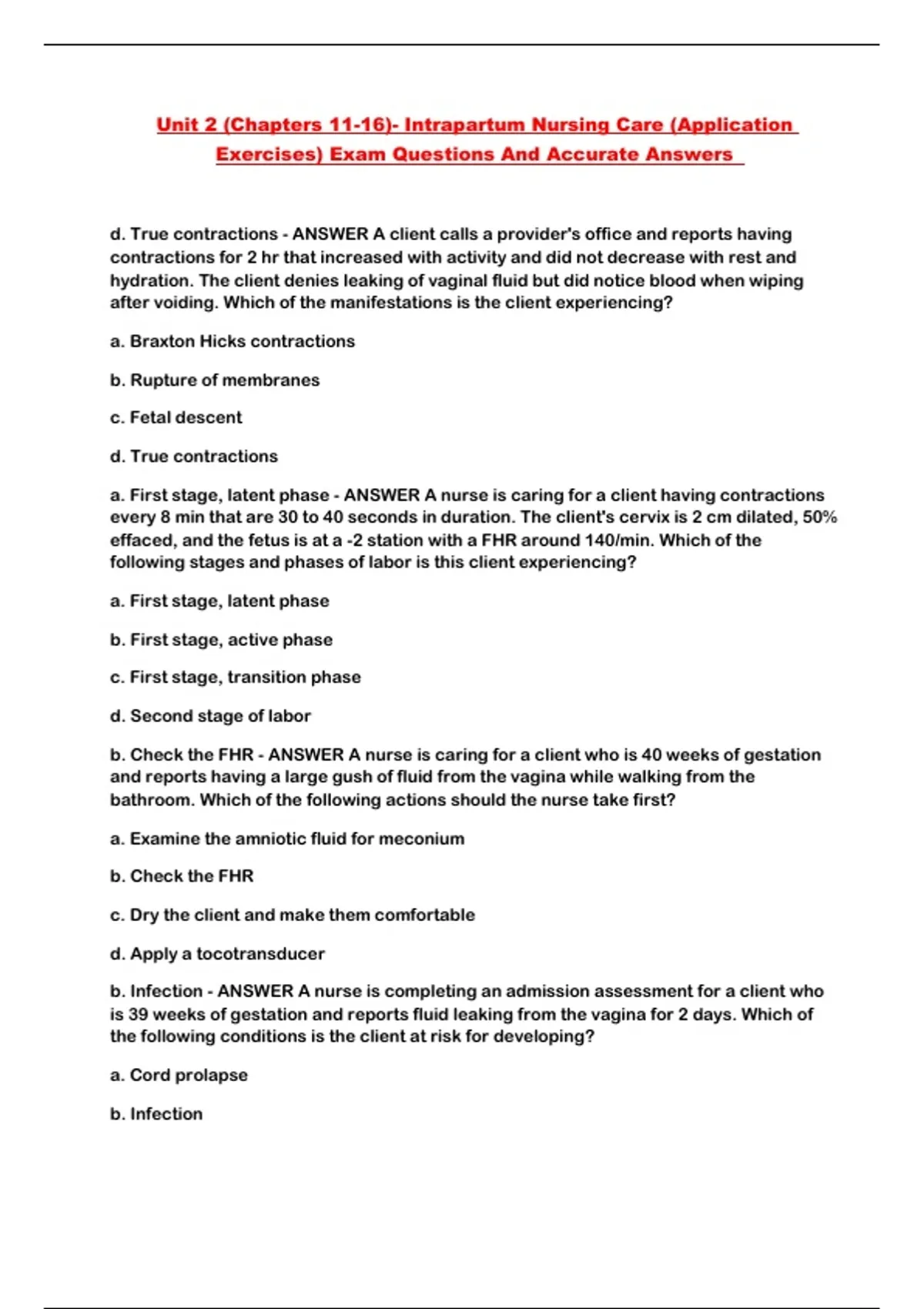 Unit 2 (Chapters 11-16)- Intrapartum Nursing Care (Application ...