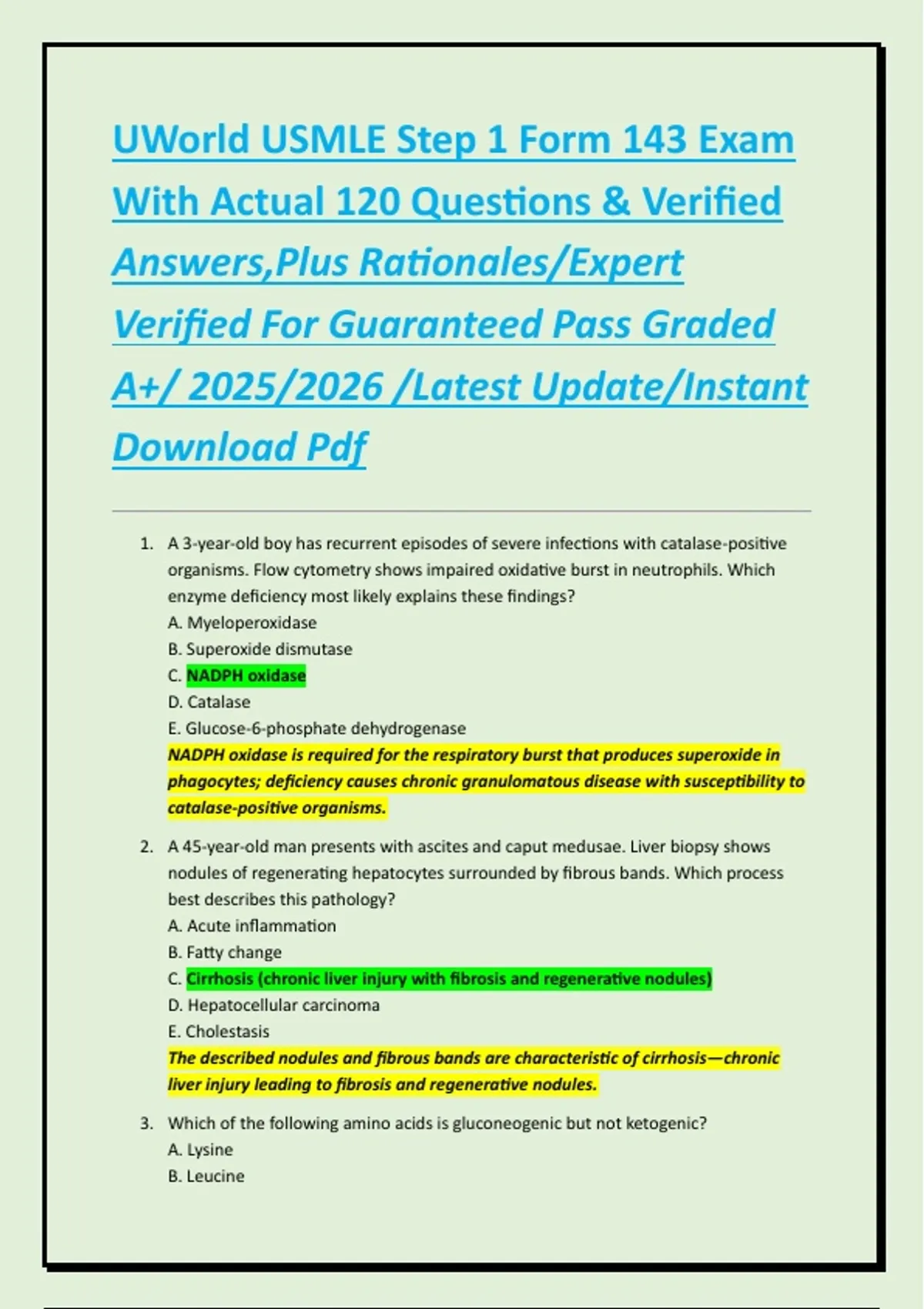 UWorld USMLE Step 1 Form 143 Exam With Actual 120 Questions & Verified ...