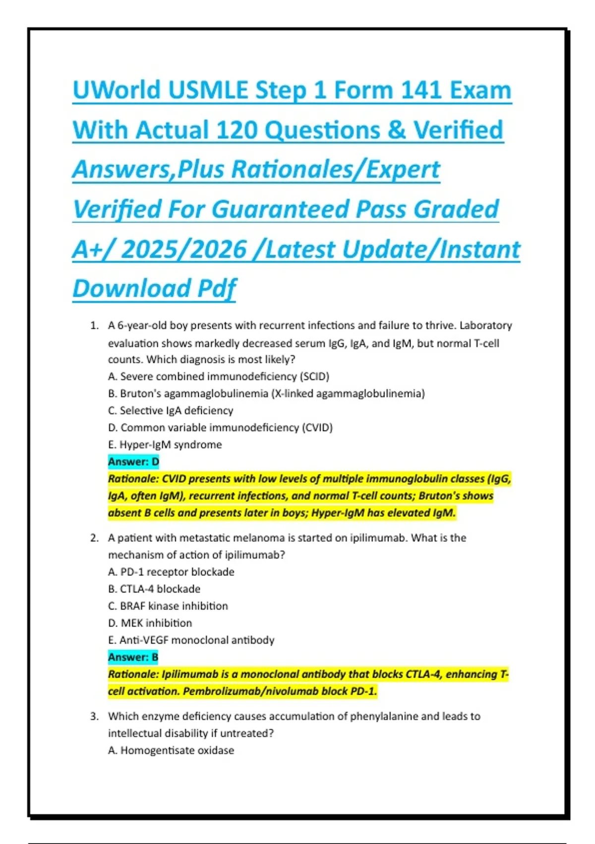 UWorld USMLE Step 1 Form 141 Exam With Actual 120 Questions & Verified ...