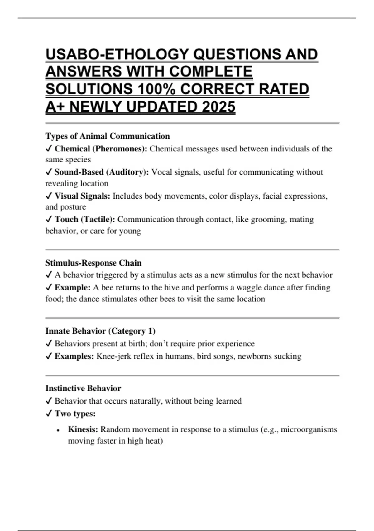 USABO-ETHOLOGY QUESTIONS AND ANSWERS WITH COMPLETE SOLUTIONS 100% ...