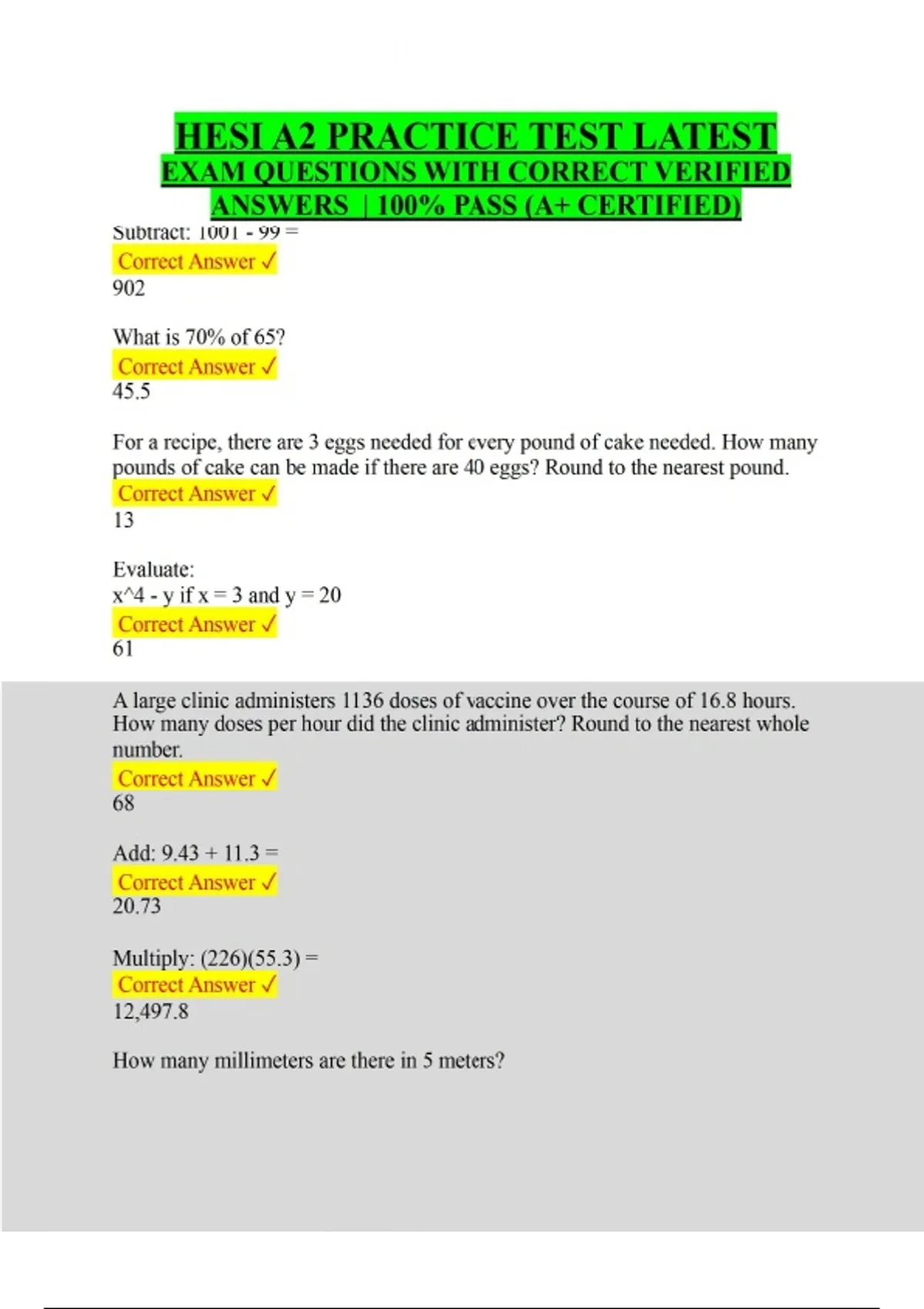 HESI A2 PRACTICE TEST LATEST EXAM QUESTIONS WITH CORRECT VERIFIED ...