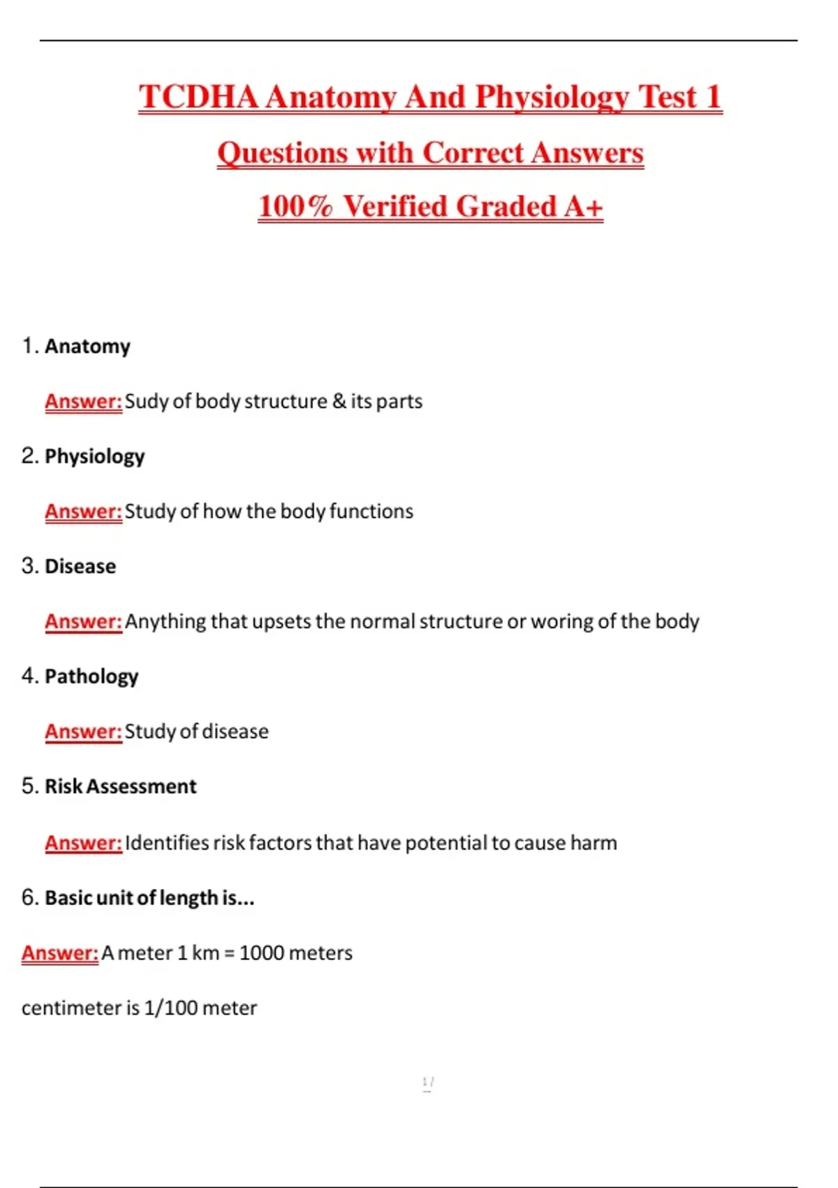TCDHA Anatomy And Physiology Test 1 (Latest 2026/2027 Update) Complete ...