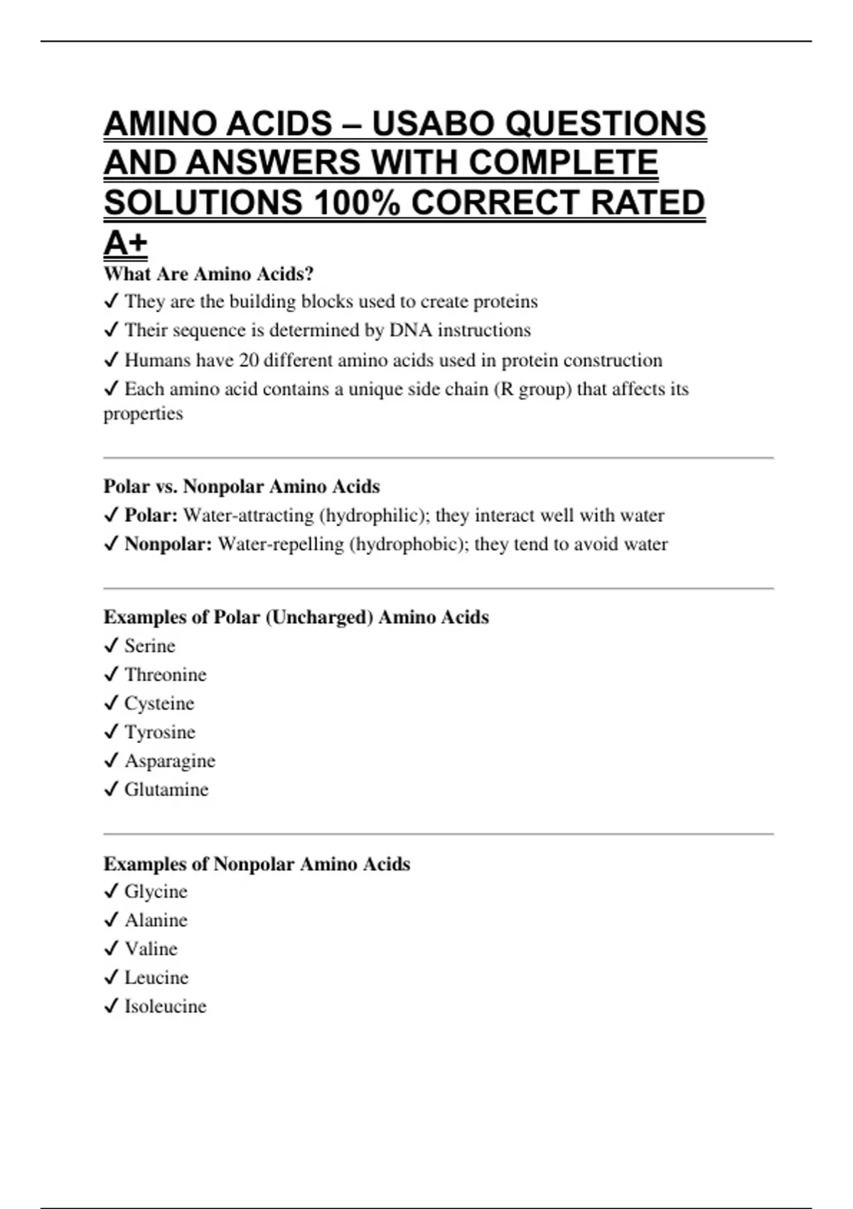 AMINO ACIDS – USABO QUESTIONS AND ANSWERS WITH COMPLETE SOLUTIONS 100% ...