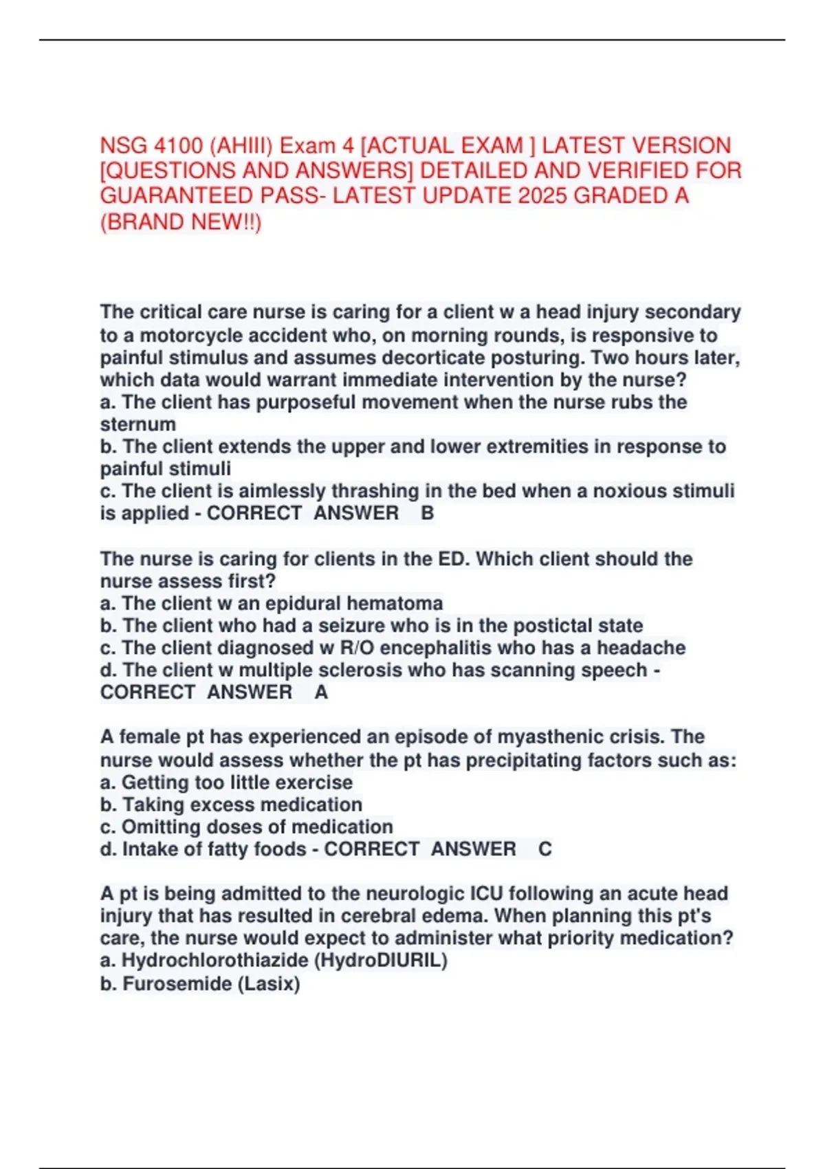 NSG 4100 (AHIII) Exam 4 -ACTUAL EXAM - LATEST VERSION -QUESTIONS AND ...