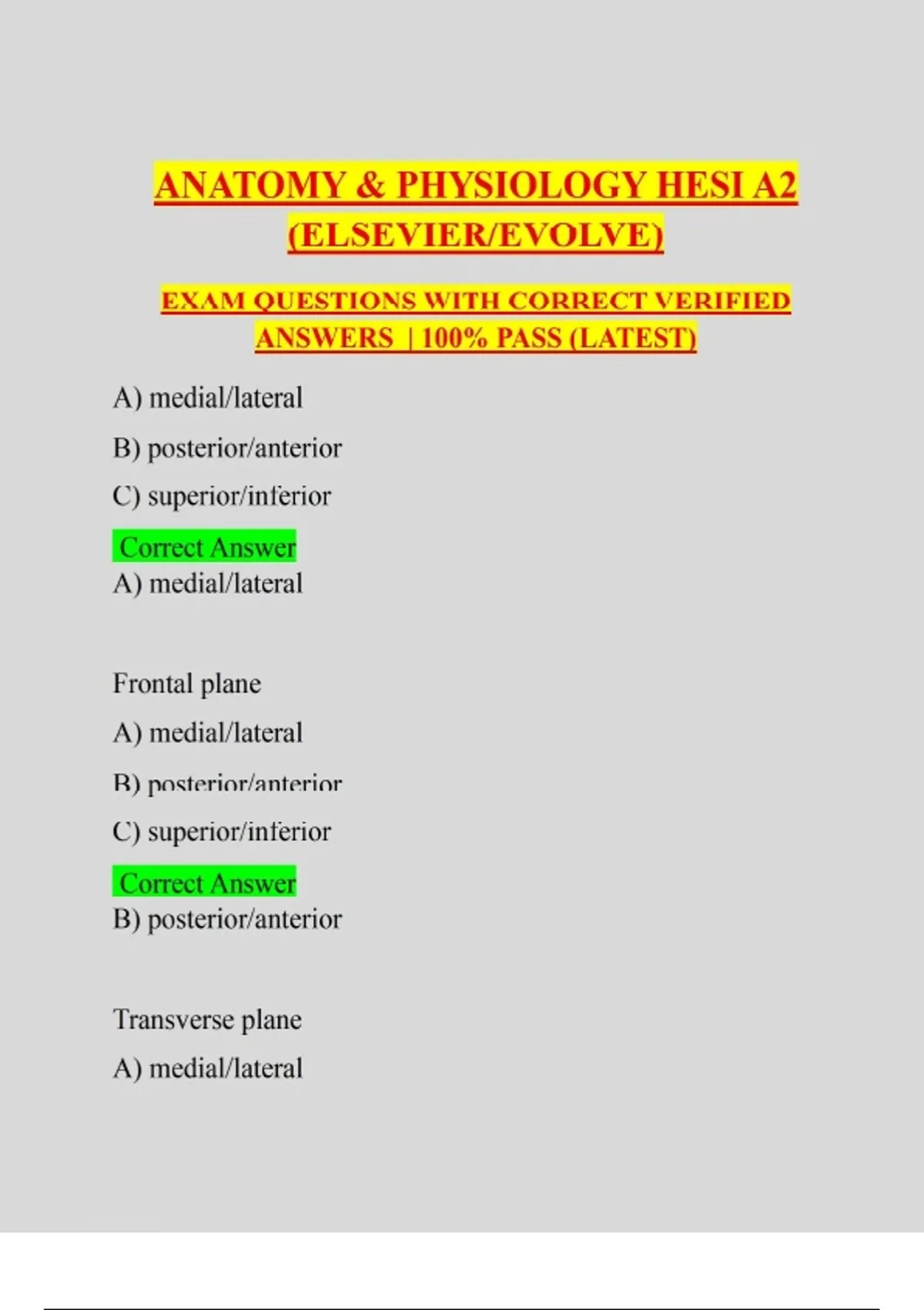 ANATOMY & PHYSIOLOGY HESI A2 (ELSEVIER/EVOLVE) EXAM QUESTIONS WITH ...