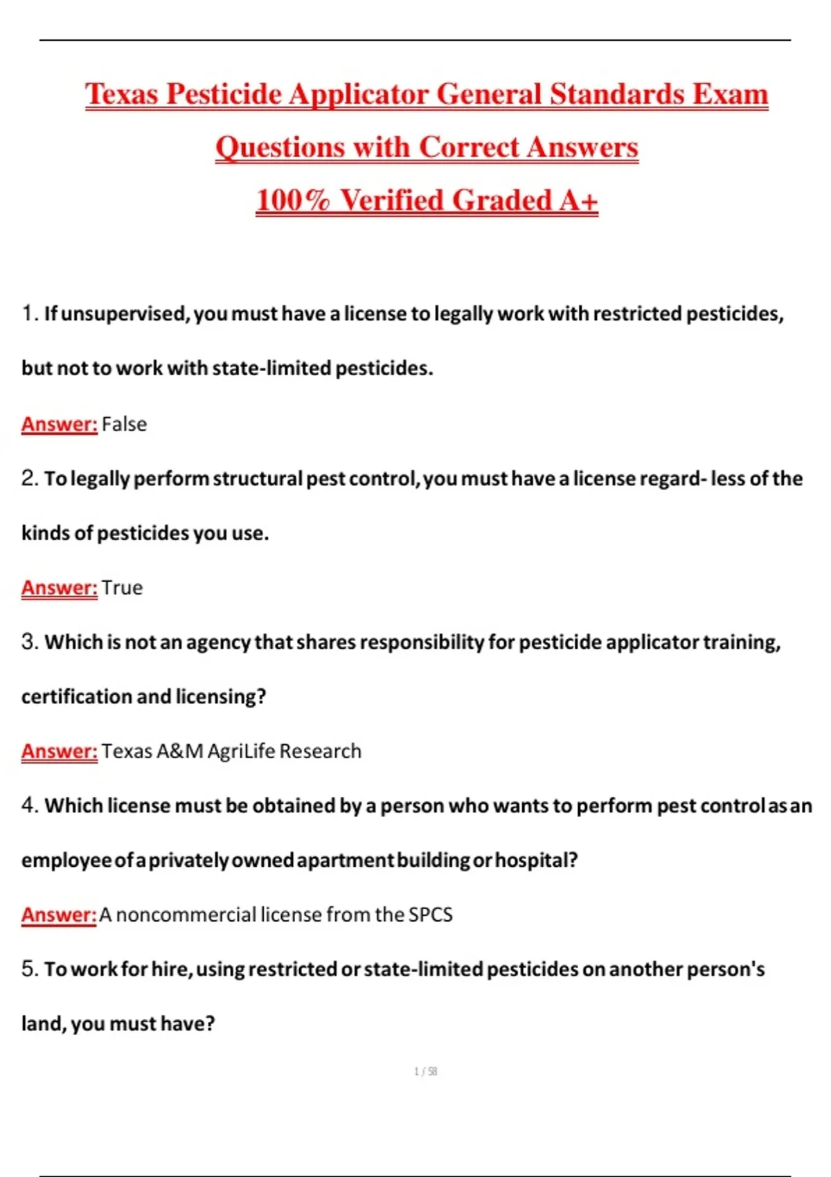 Texas Pesticide Applicator General Standards Exam (Latest 2026/2027 ...