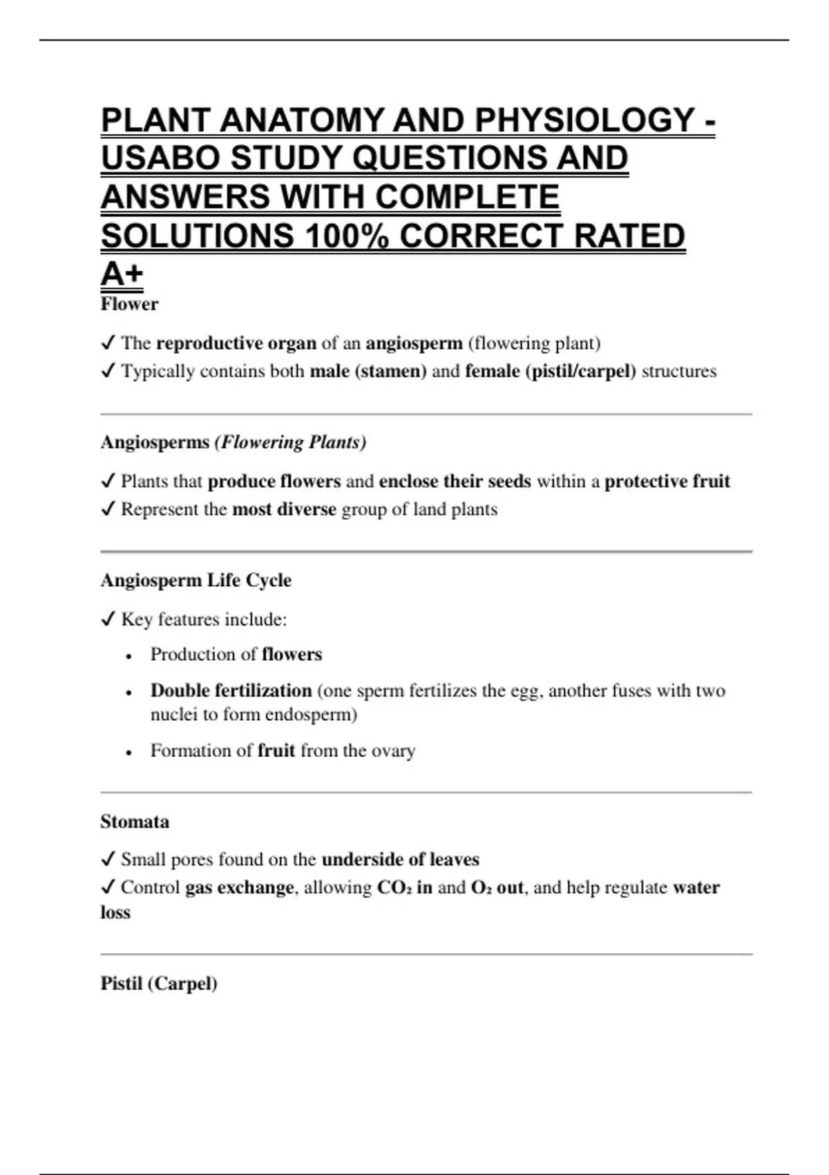 PLANT ANATOMY AND PHYSIOLOGY - USABO STUDY QUESTIONS AND ANSWERS WITH ...