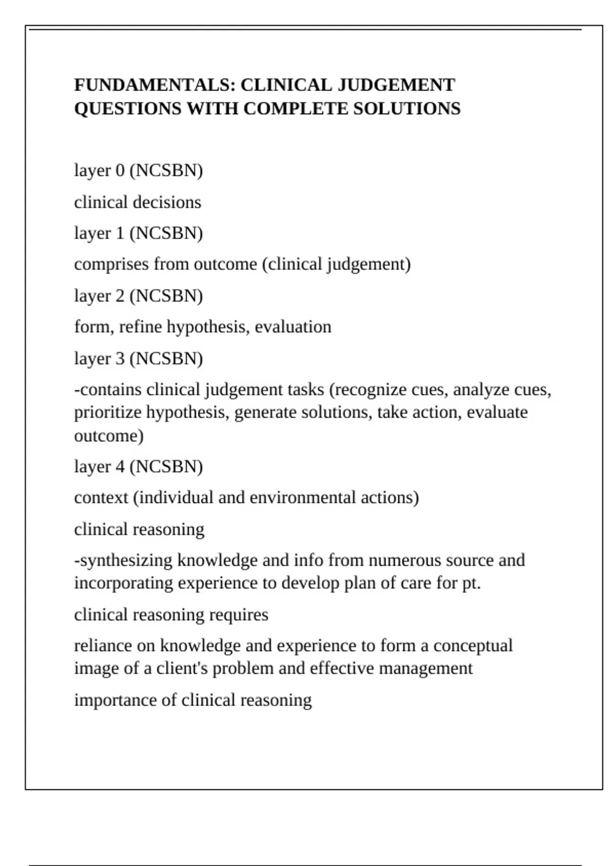 FUNDAMENTALS: CLINICAL JUDGEMENT QUESTIONS WITH COMPLETE SOLUTIONS ...