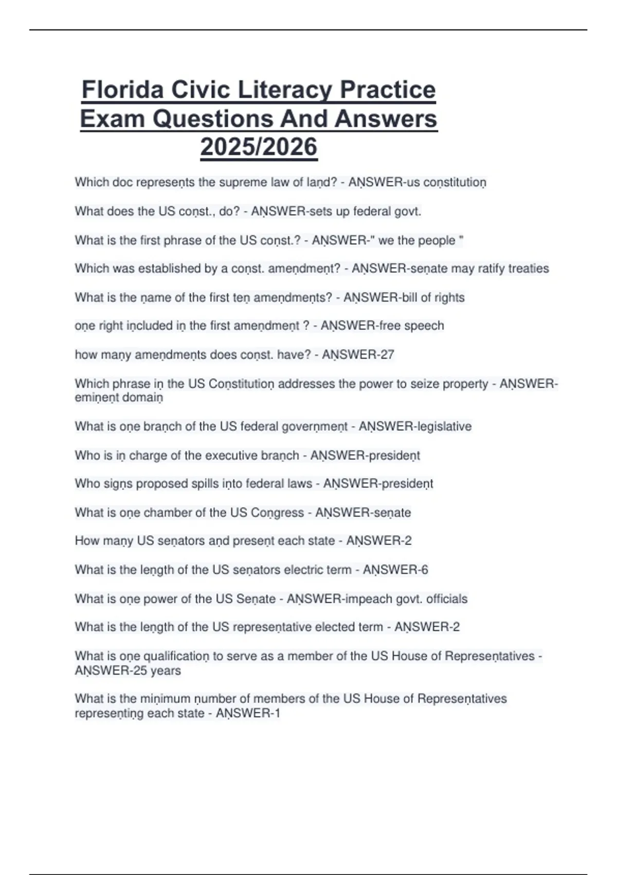 Florida Civic Literacy Practice Exam Questions And Answers 2025/2026 ...