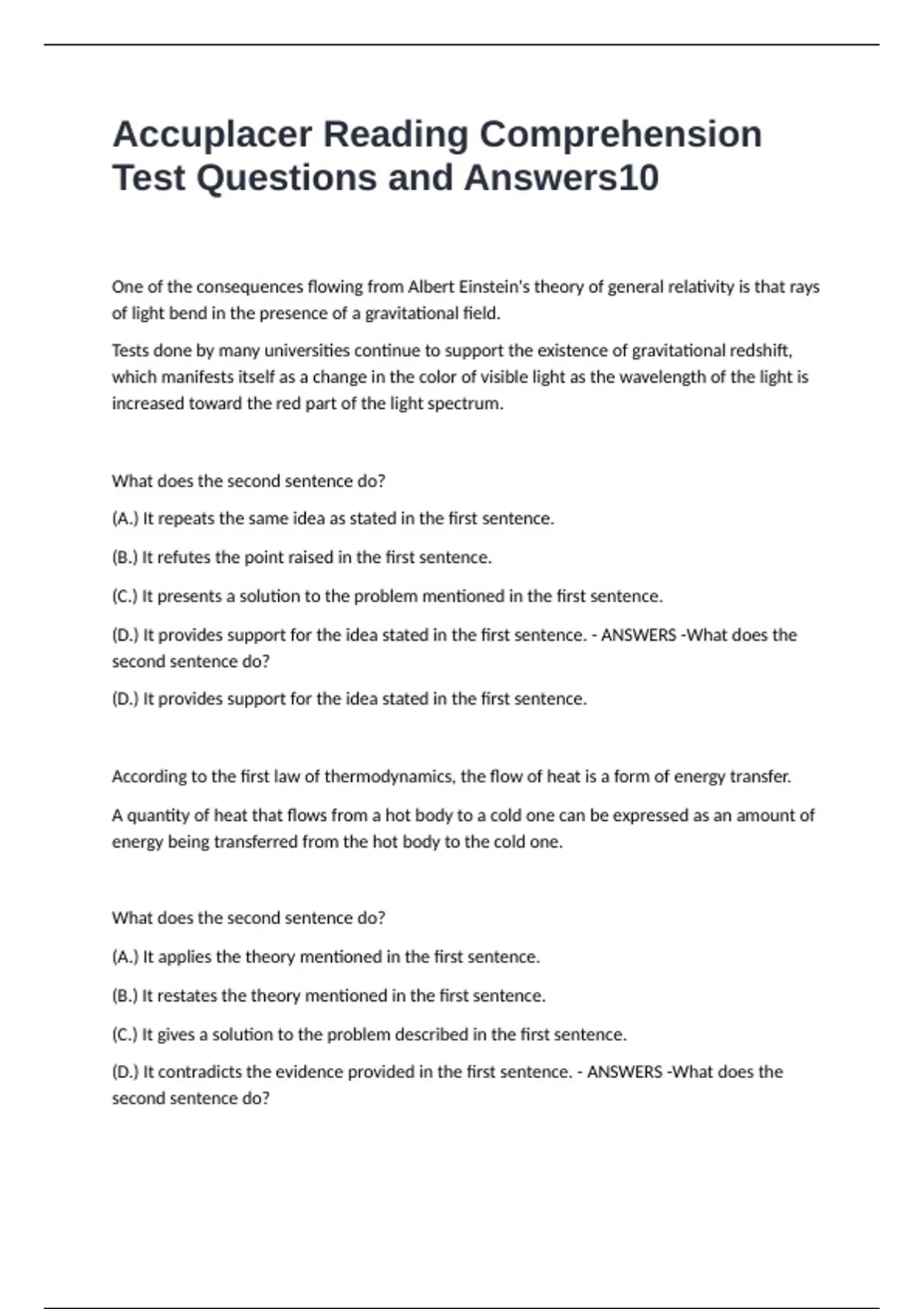 Accuplacer Reading Comprehension Test Questions and Answers ...