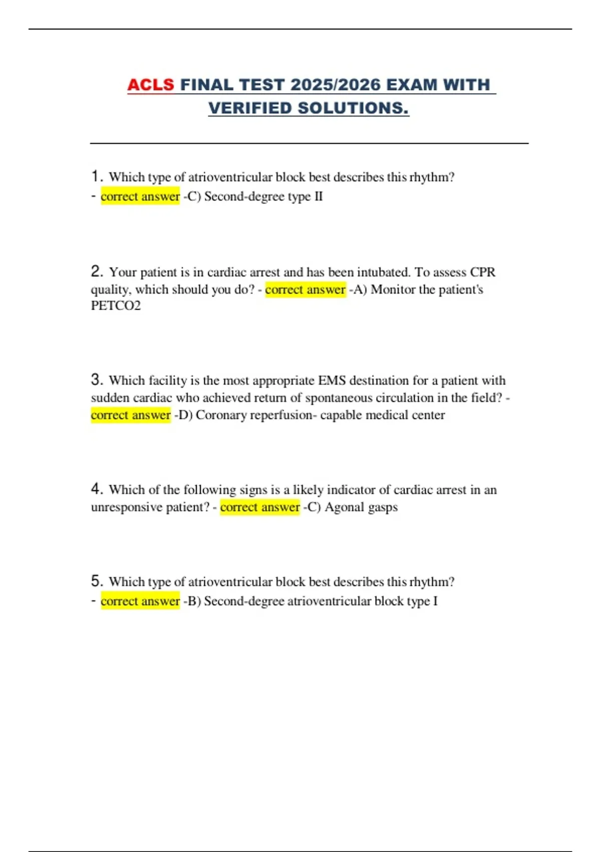 ACLS Final Test 2025/2026 – Verified Solutions (Complete Exam Material ...
