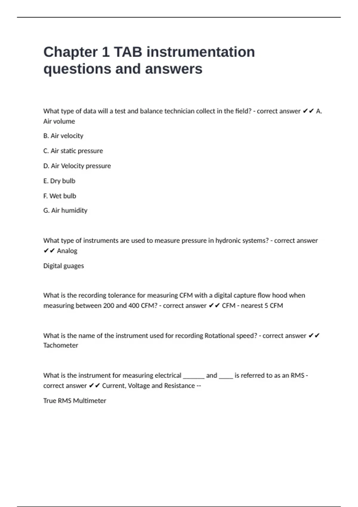 Chapter 1 TAB instrumentation questions and answers - TAB - Stuvia US
