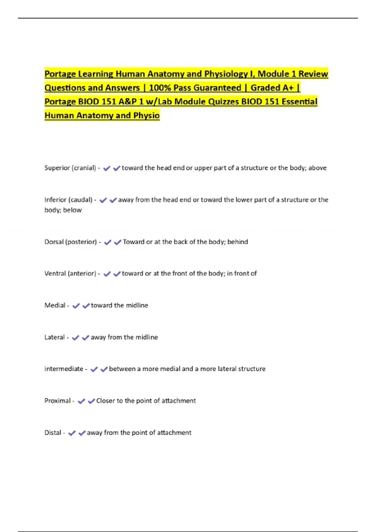 Portage Learning Human Anatomy and Physiology I, Module 1 Review ...