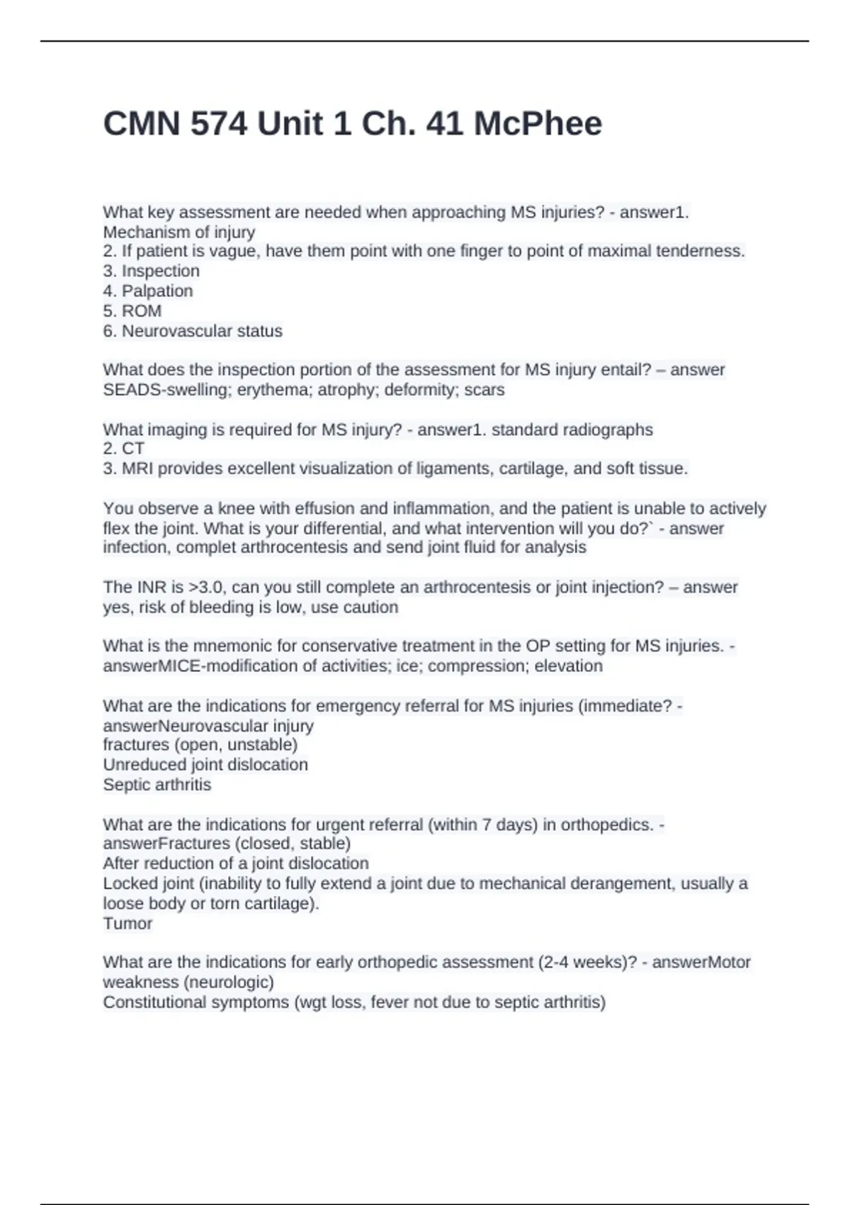 CMN 574 Unit 1 Ch. 41 McPhee Questions and Answers 2025 - CMN 574 ...