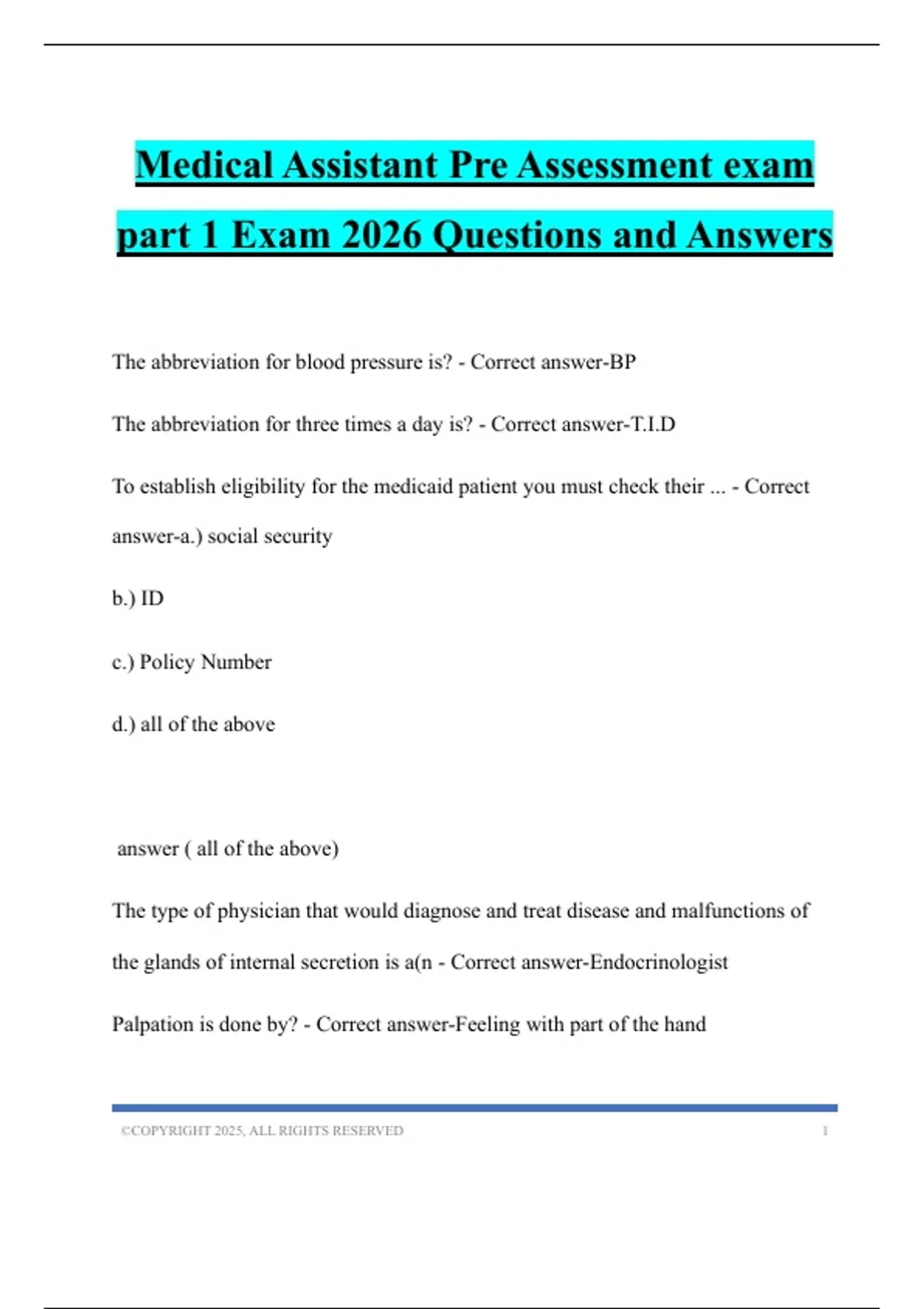 Medical Assistant Pre Assessment exam part 1 Exam 2026 Questions and ...