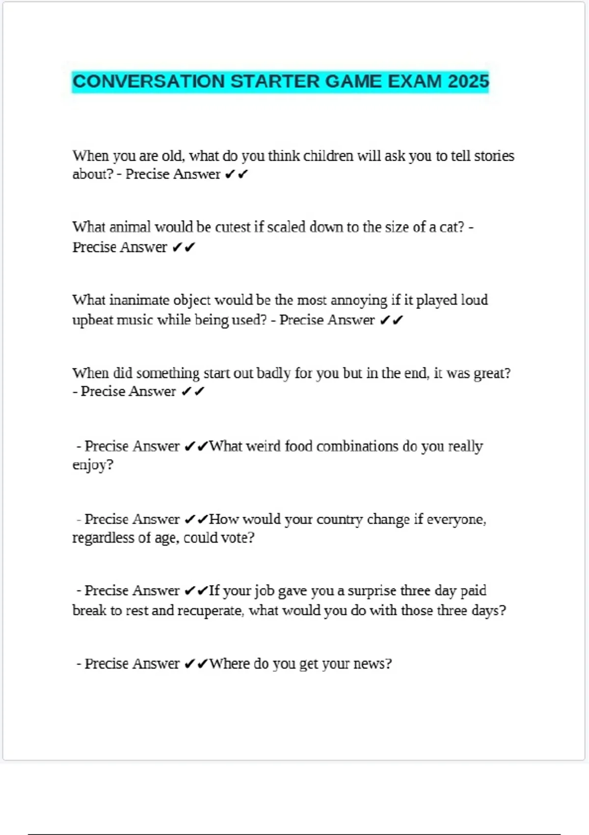CONVERSATION STARTER GAME EXAM 2025 - CONVERSATION STARTER GAME 2025 ...