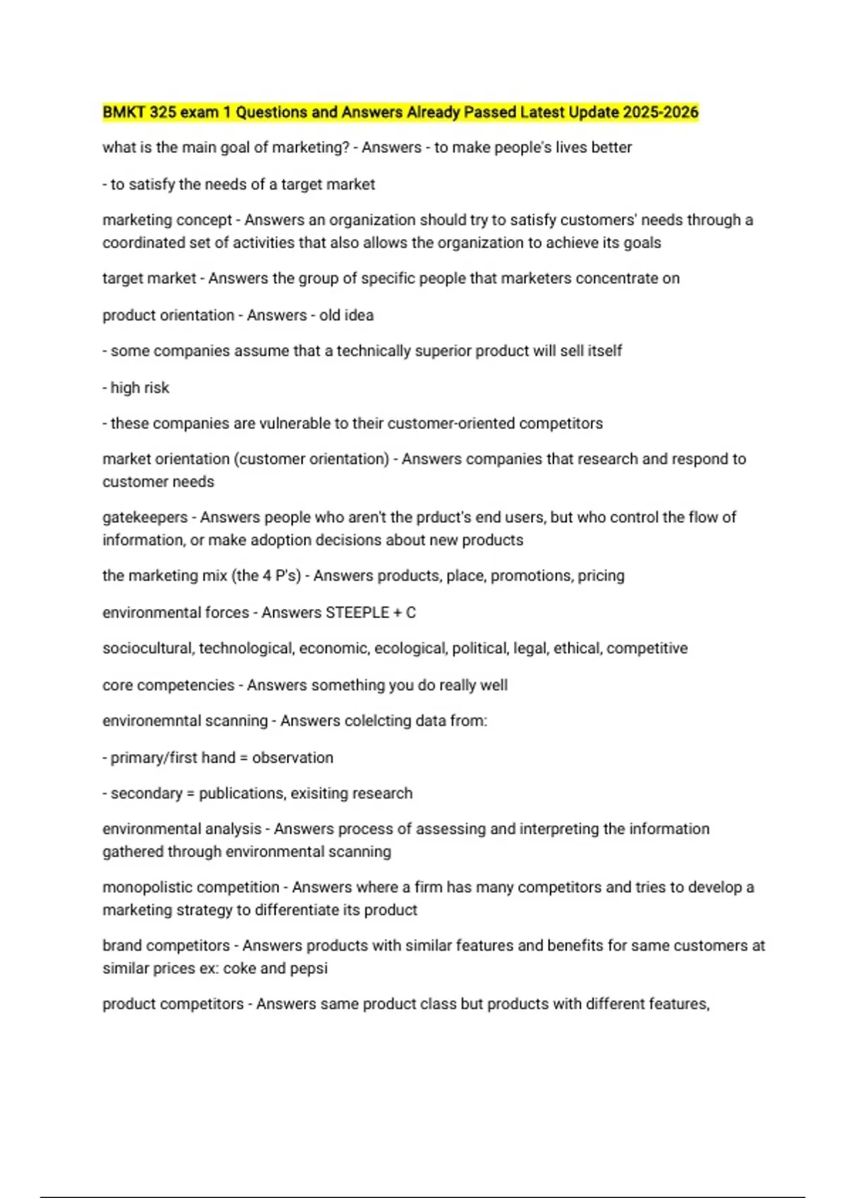 BMKT 325 exam 1 Questions and Answers Already Passed Latest Update ...
