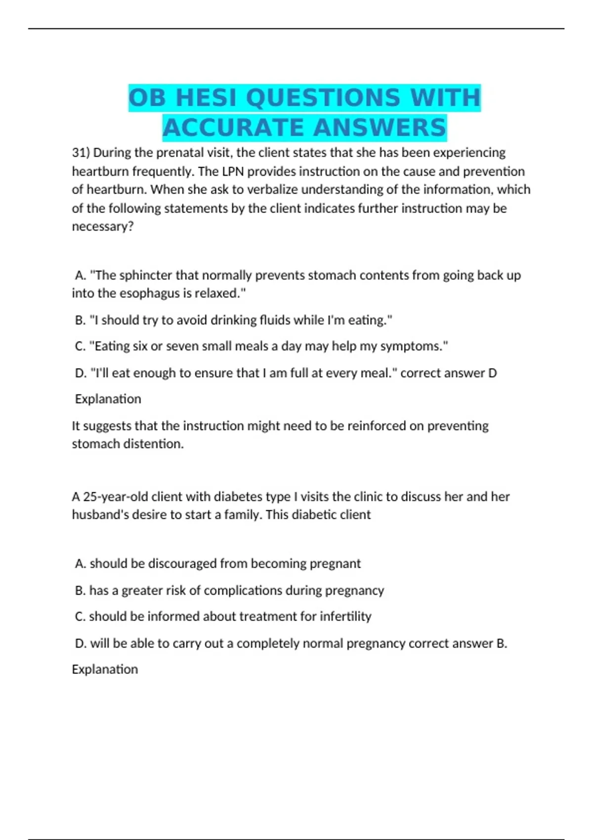 OB HESI QUESTIONS WITH ACCURATE ANSWERS - Ob - Stuvia US