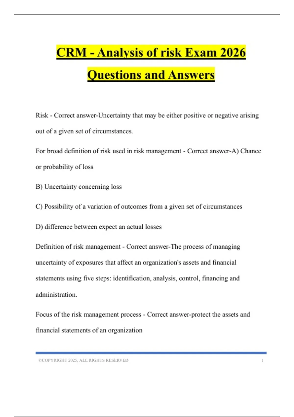 CRM - Analysis of risk Exam 2026 Questions and Answers - CRM - Stuvia US
