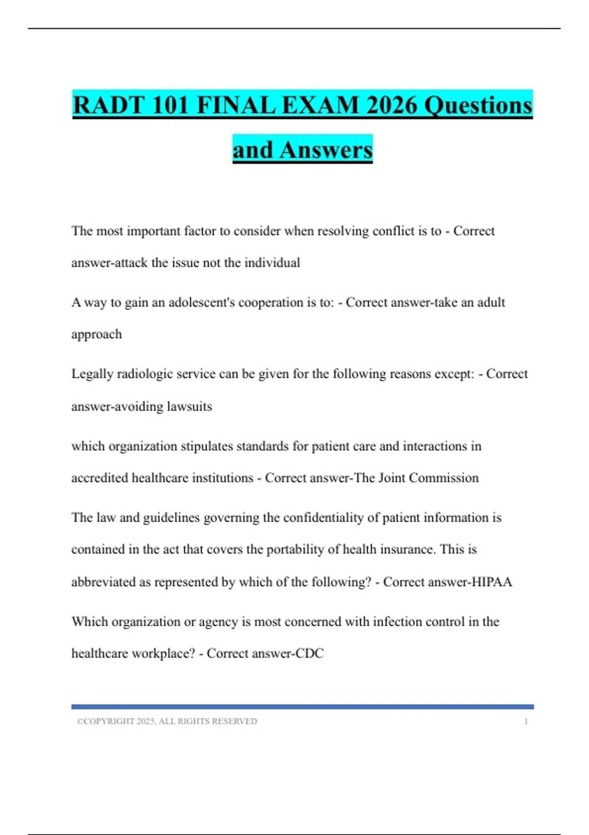 RADT 101 FINAL EXAM 2026 Questions and Answers - RADT - Stuvia US