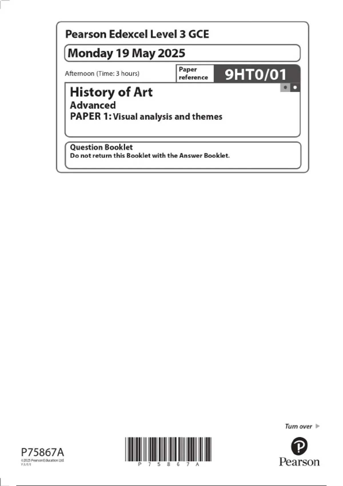2025 Pearson Edexcel Level 3 GCE 9HT0/01 History of Art Advanced PAPER 1: Visual analysis and ...