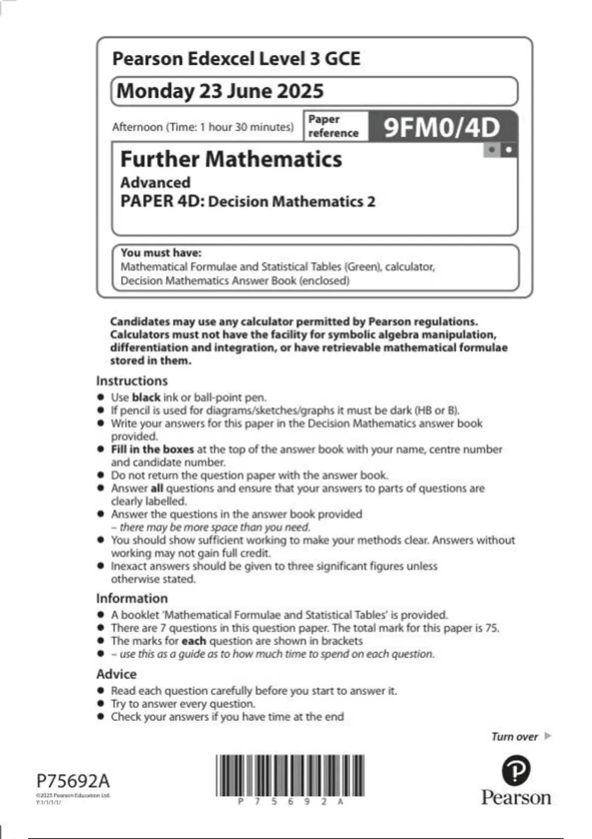 Pearson Edexcel GCE in A level Further Mathematics Paper 4C Further ...