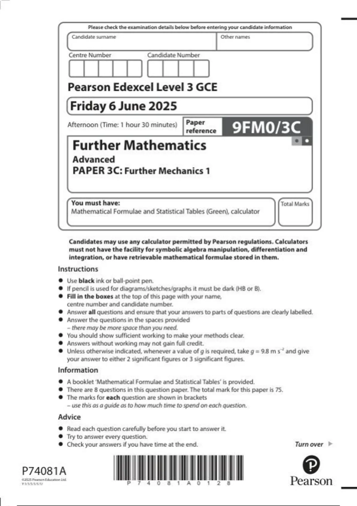 Pearson Edexcel level 3 GCE Further Mathematics Advanced PAPER 3C ...