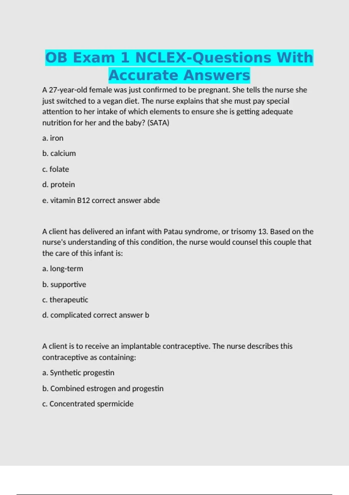 OB Exam 1 NCLEX-Questions With Accurate Answers - Ob - Stuvia US