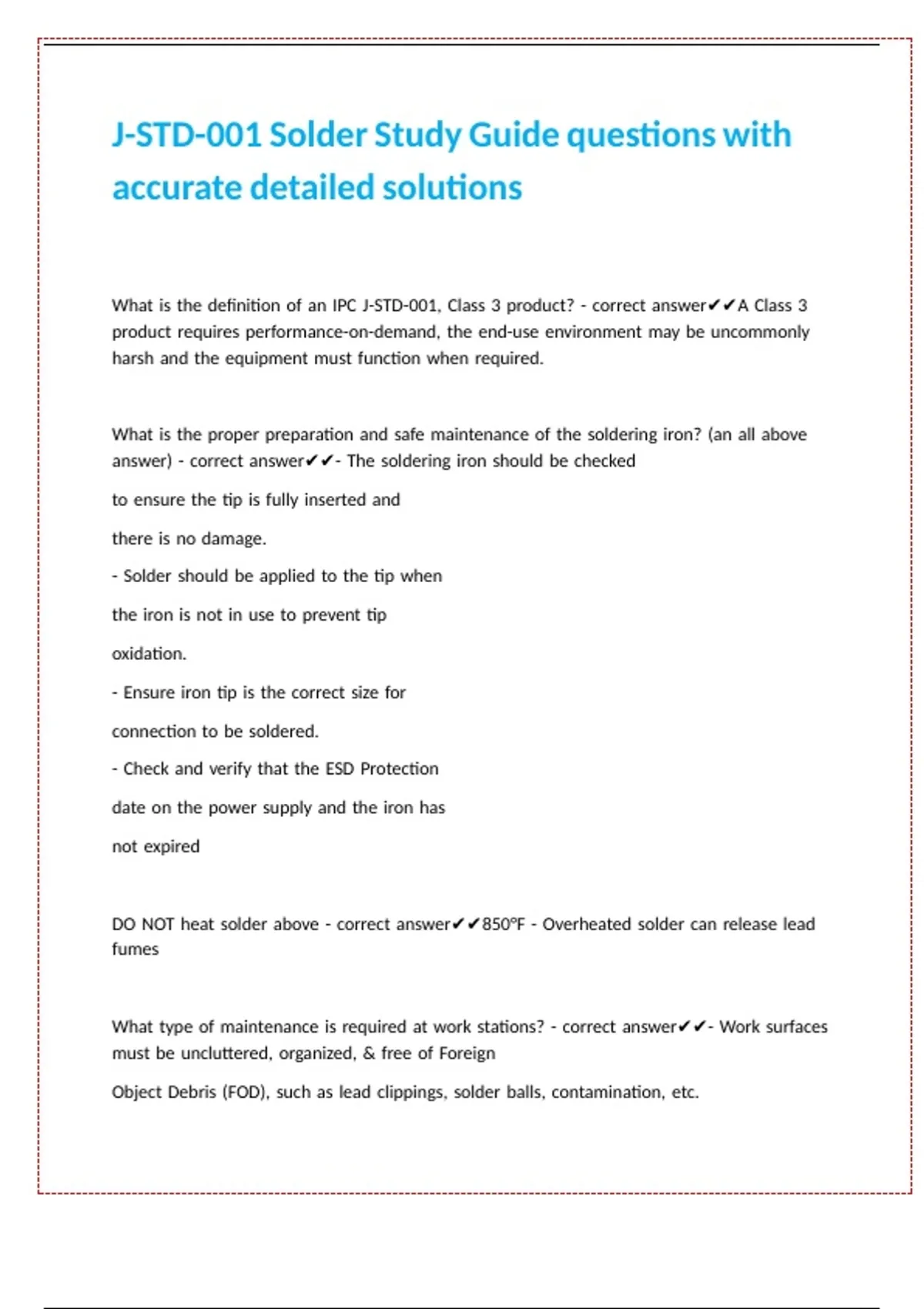 J-STD-001 Solder Study Guide questions with accurate detailed solutions ...